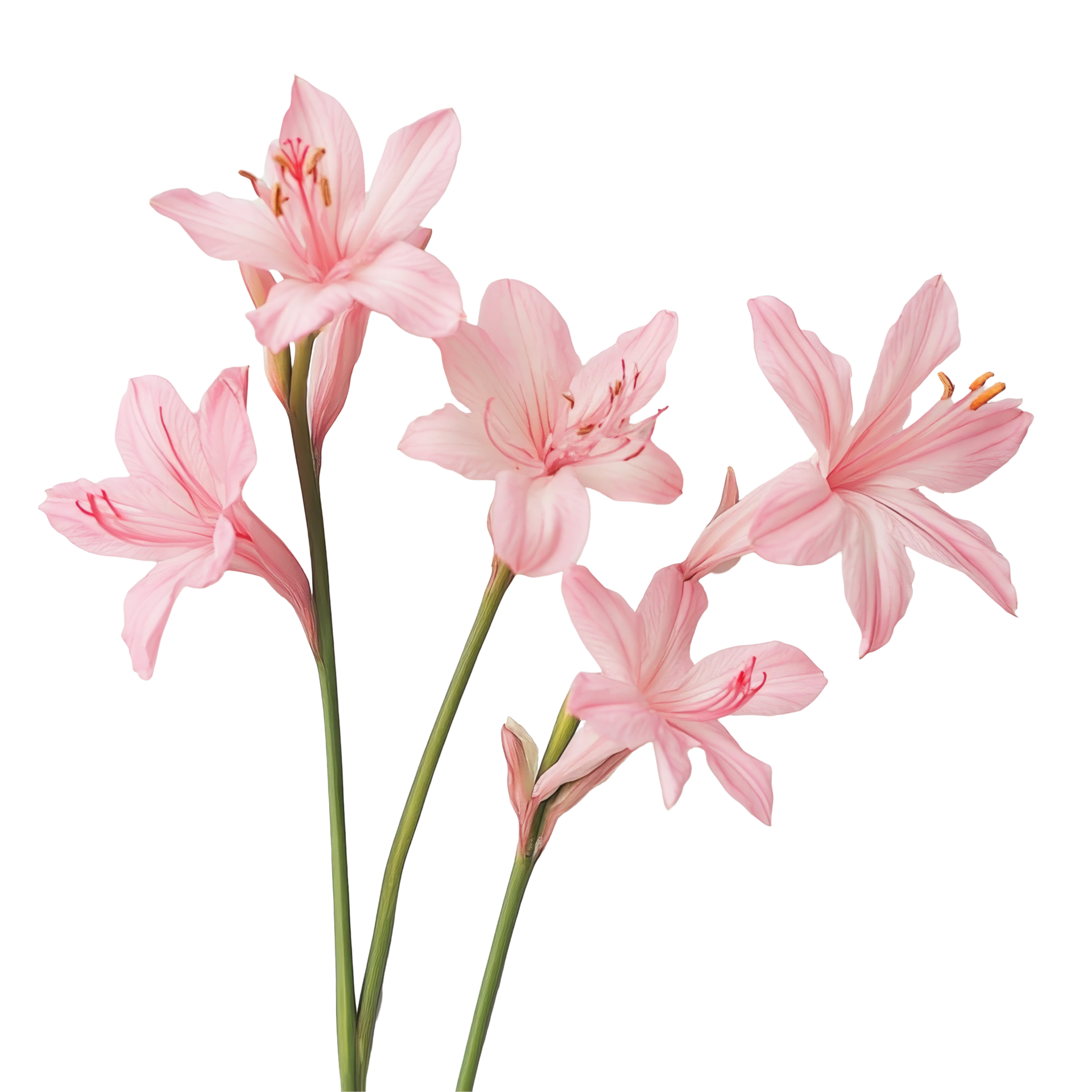 Delicate Nerine flowers in soft pink shades against a clean transparent background highlighting ...