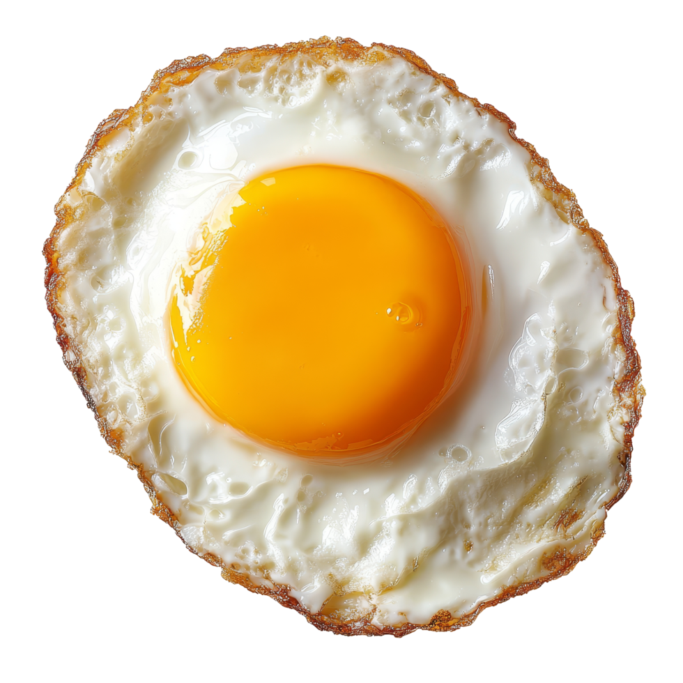 Perfectly fried egg isolated on a transparent background showcasing a bright yellow yolk and ...