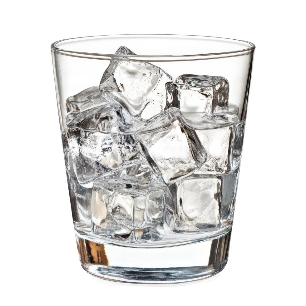 Clear glass filled with ice cubes set against a pure transparent background for refreshing ...