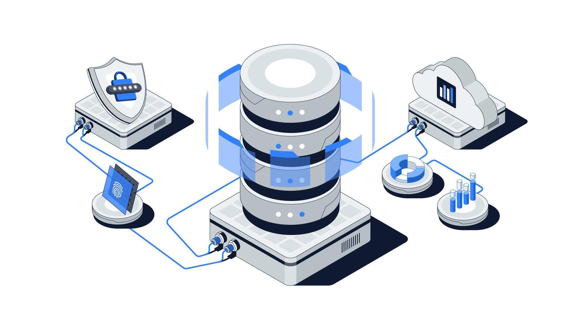 Isometric Database, Data Center, Cloud Storage. Digital Technology, Server Hosting, Big Data ...