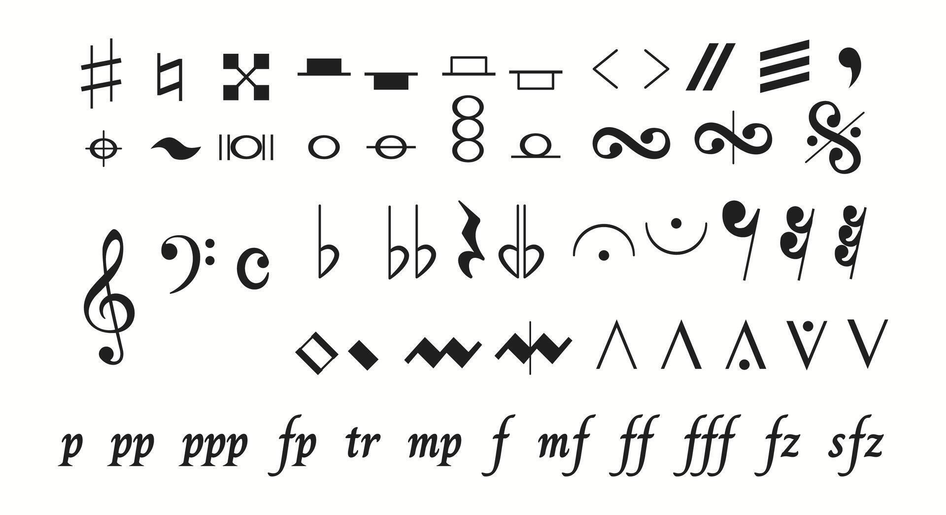 An array of musical notation symbols including dynamic markings and ...