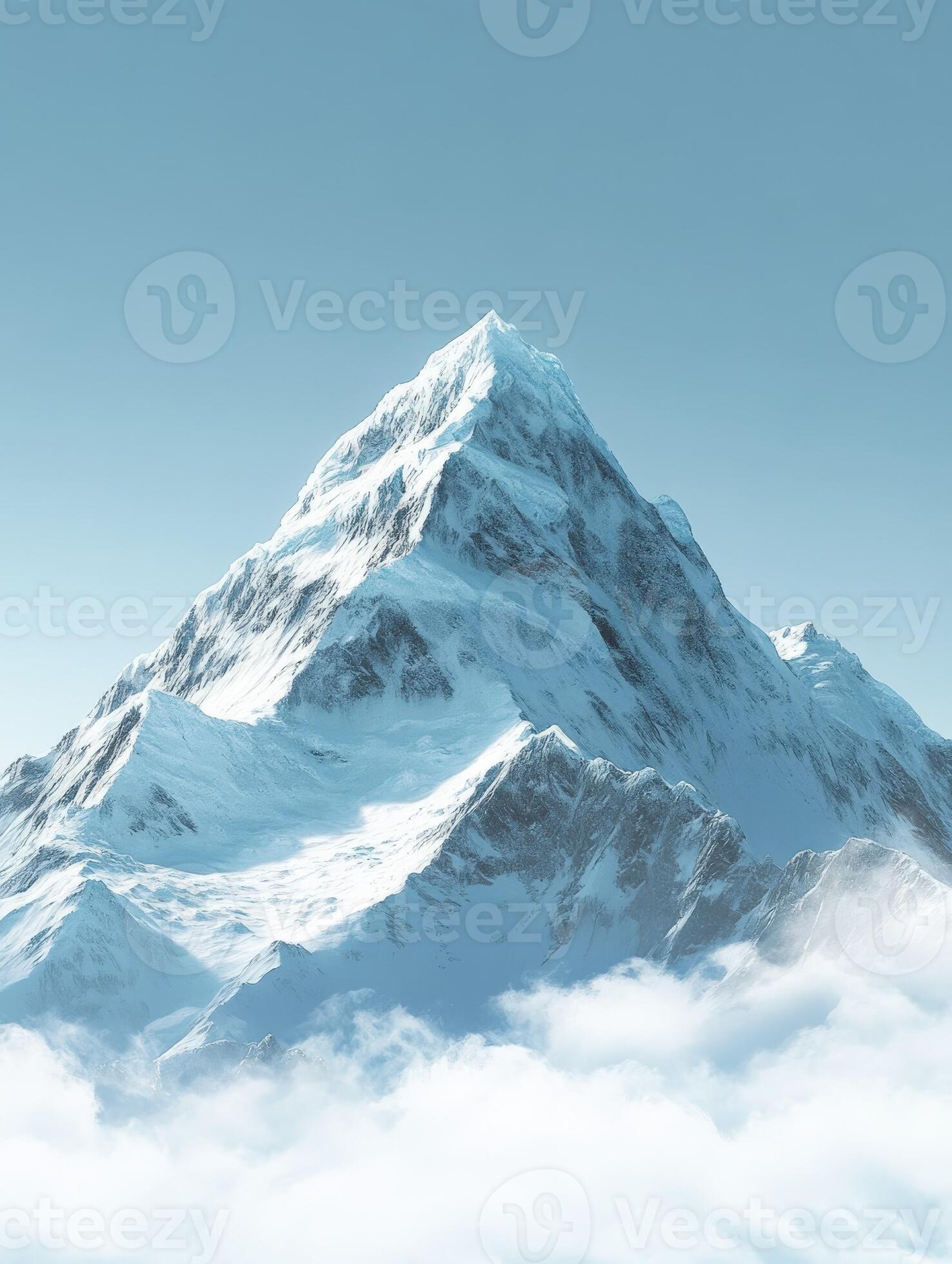 Snow-capped mountain peak rises above clouds in clear sky 57485472 Stock Photo at Vecteezy