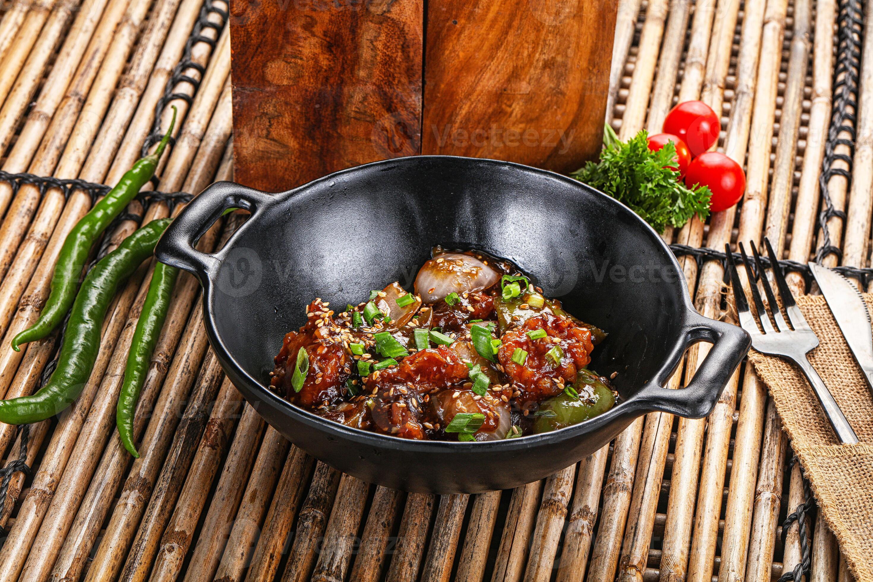 A bowl of food sitting on a bamboo mat 57493135 Stock Photo at Vecteezy