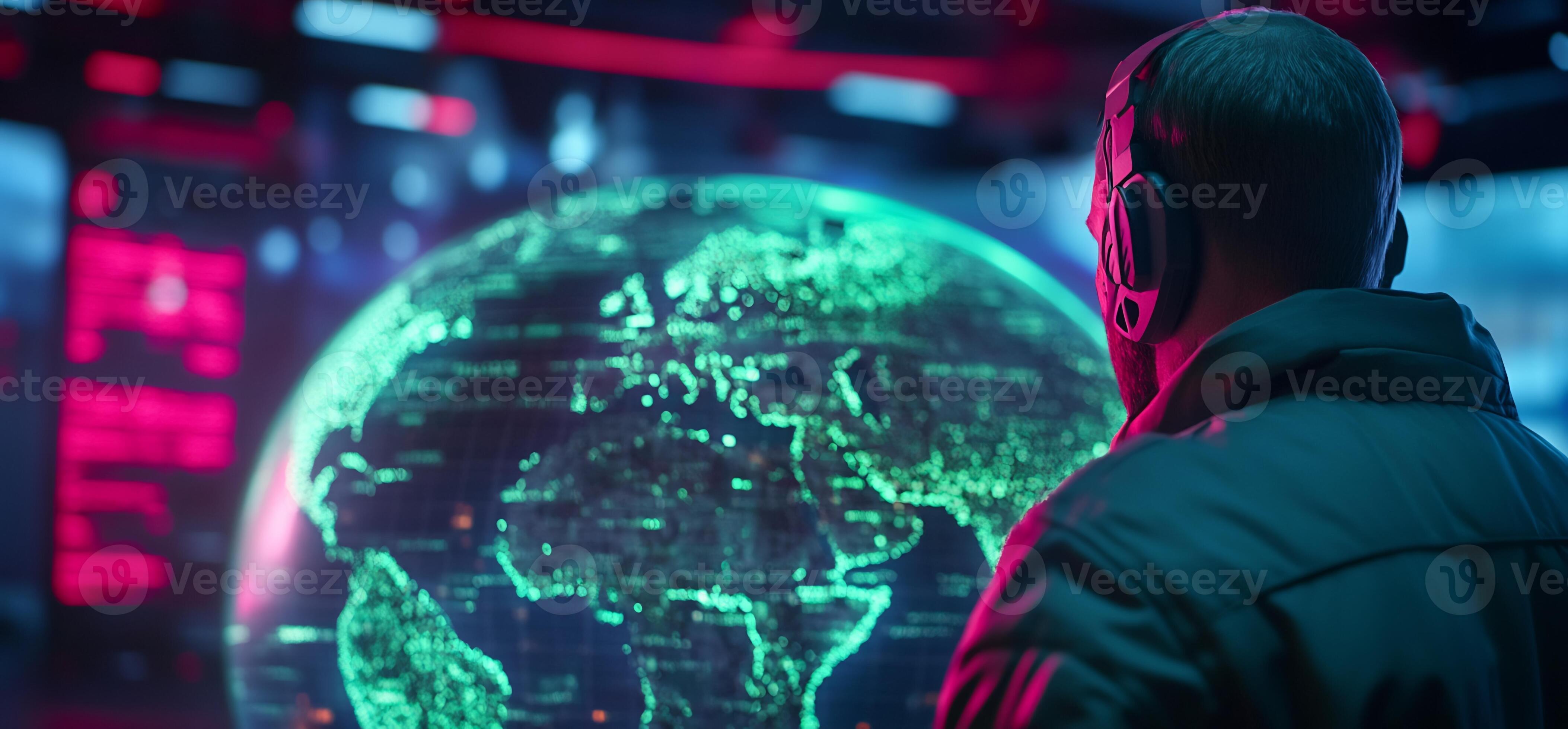 Global Network Monitoring Man Observes Earth Data On Screens 57498102