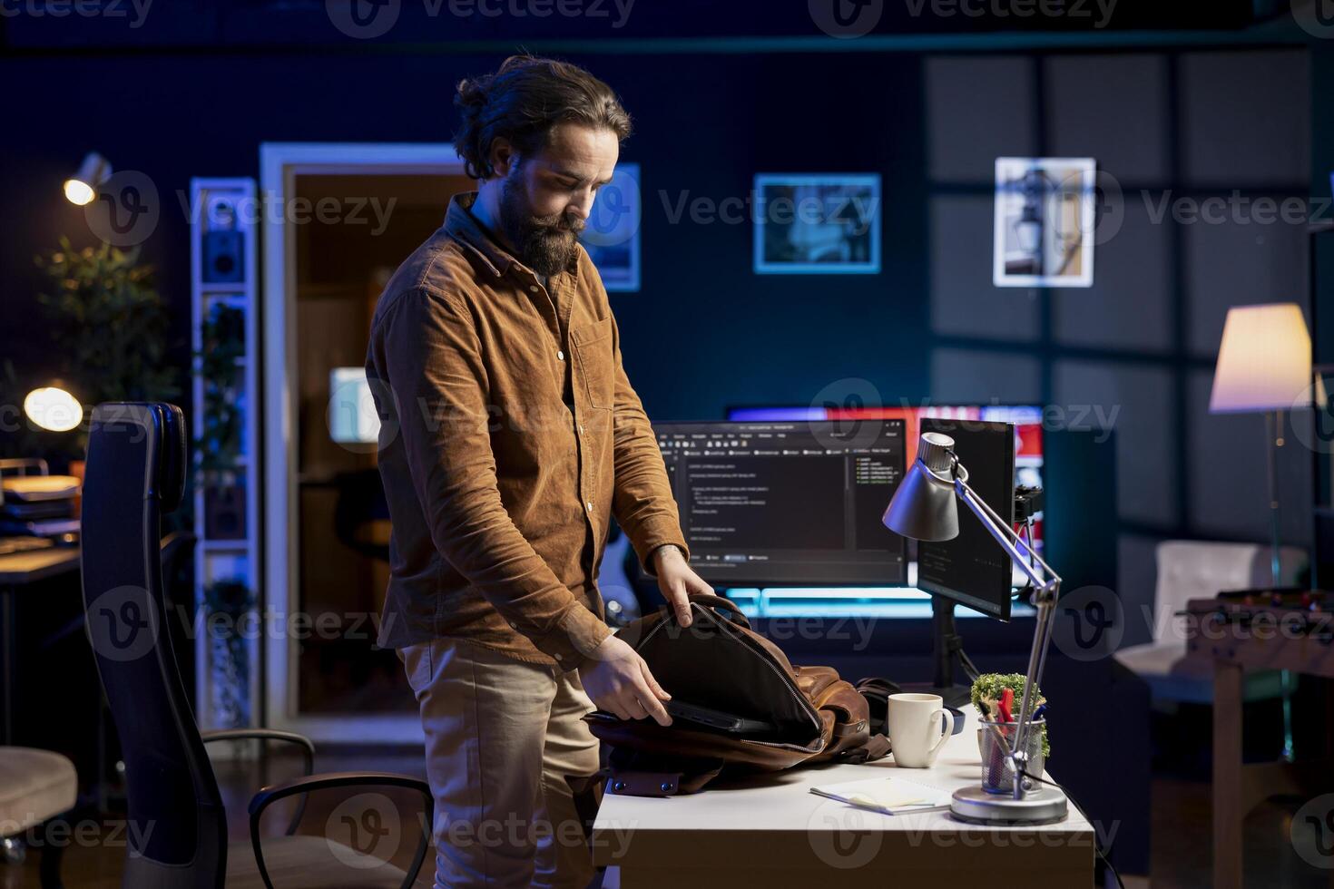 Programmer starting job shift, ready to do software quality assurance and read source code on ...