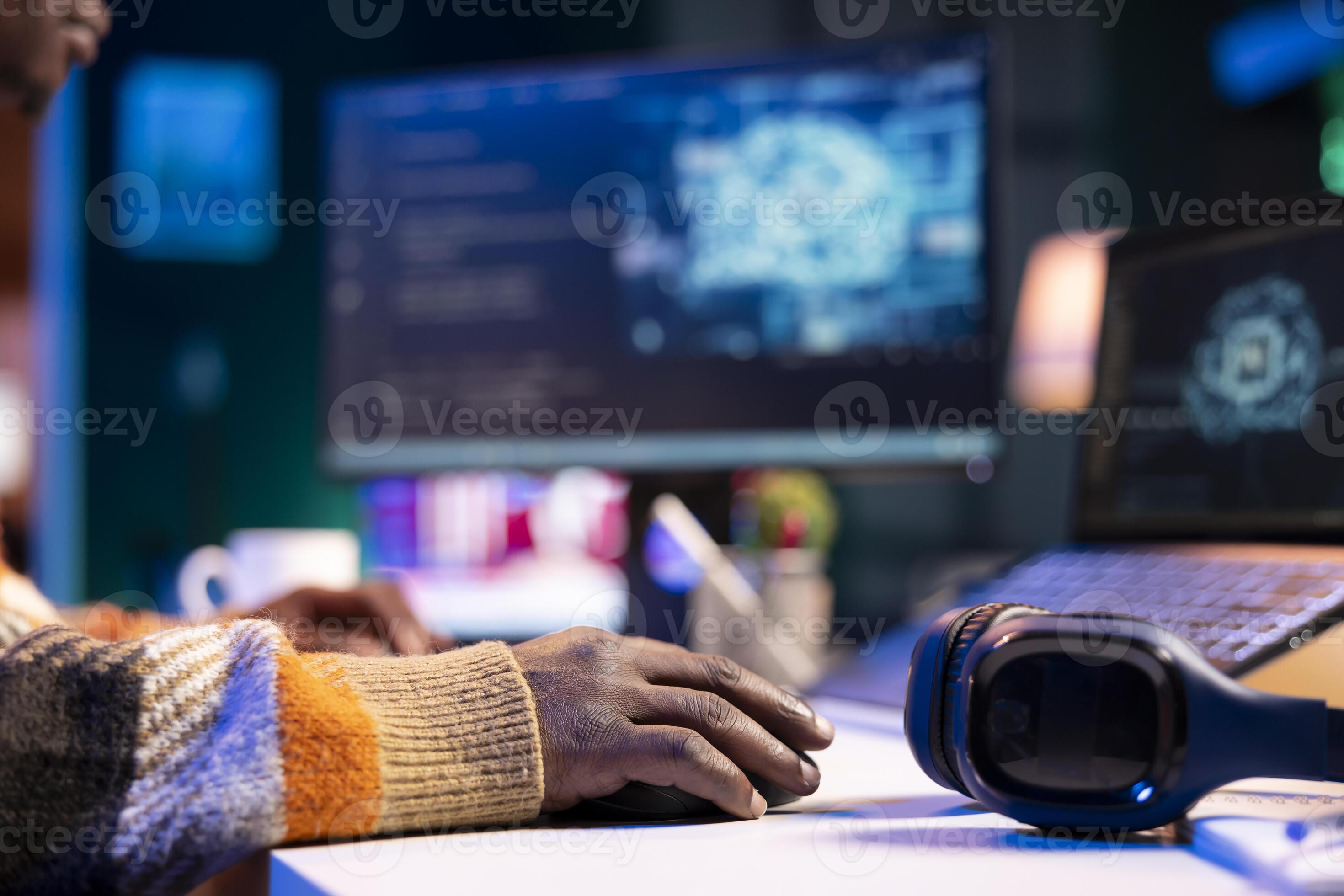 Black man programmer manages code and scripts in artificial ...