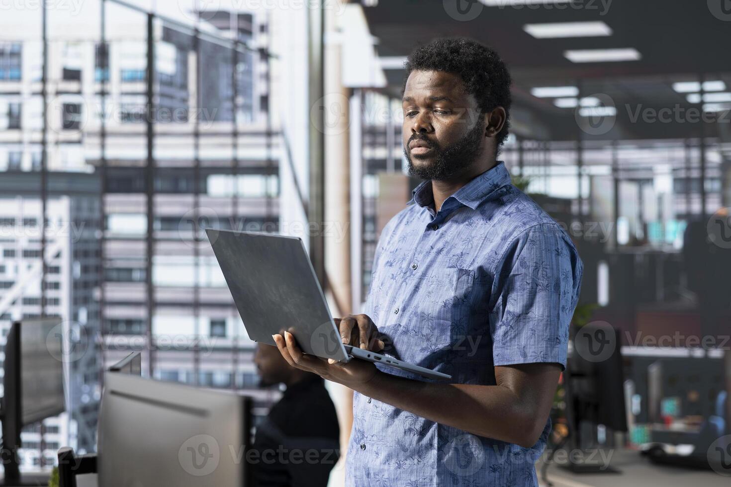 Engineer conducting detailed code review to fix bugs, identifying potential performance and ...