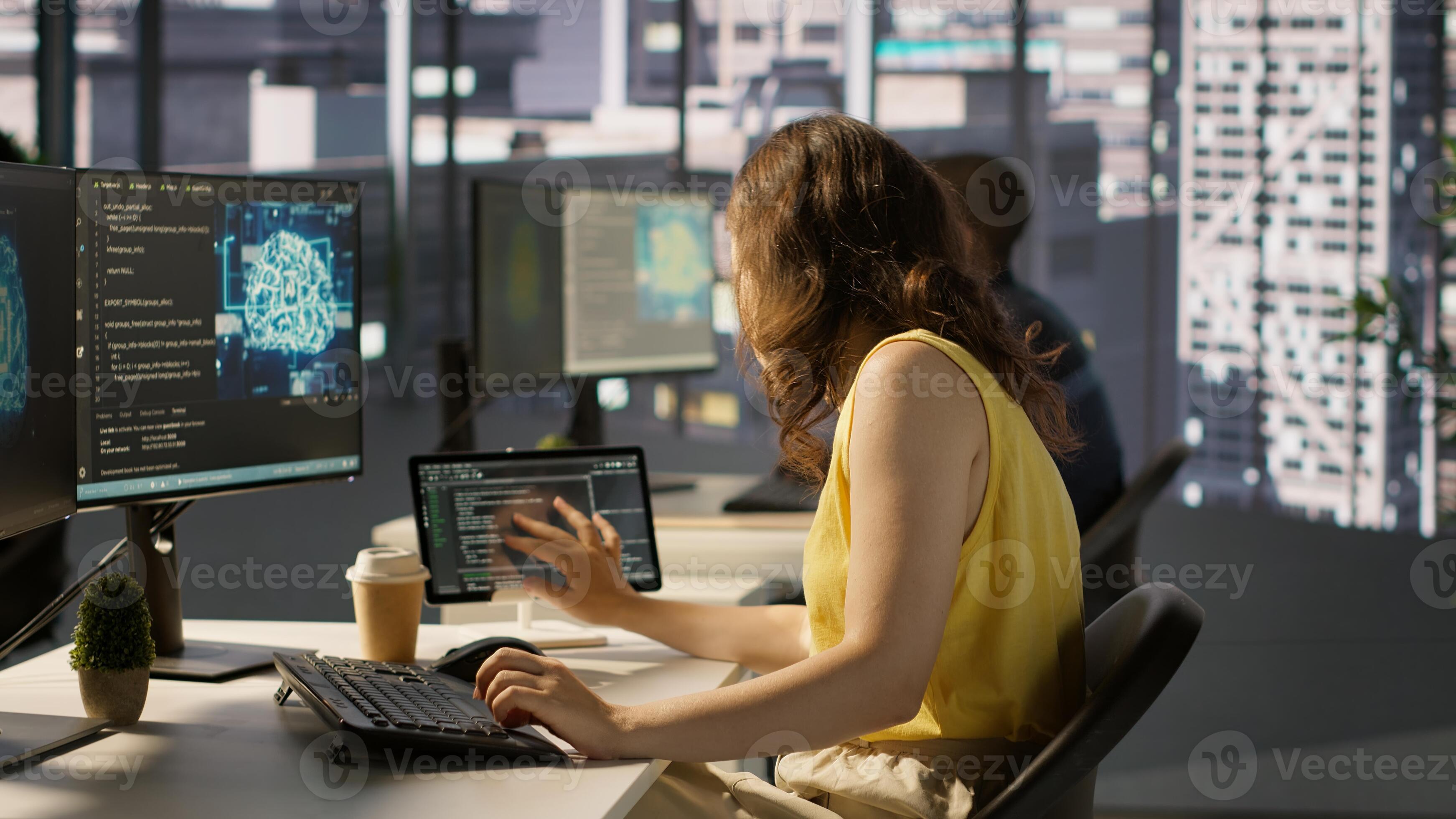 Admin developing artificial intelligence machine learning APIs solving complex problems. Woman ...