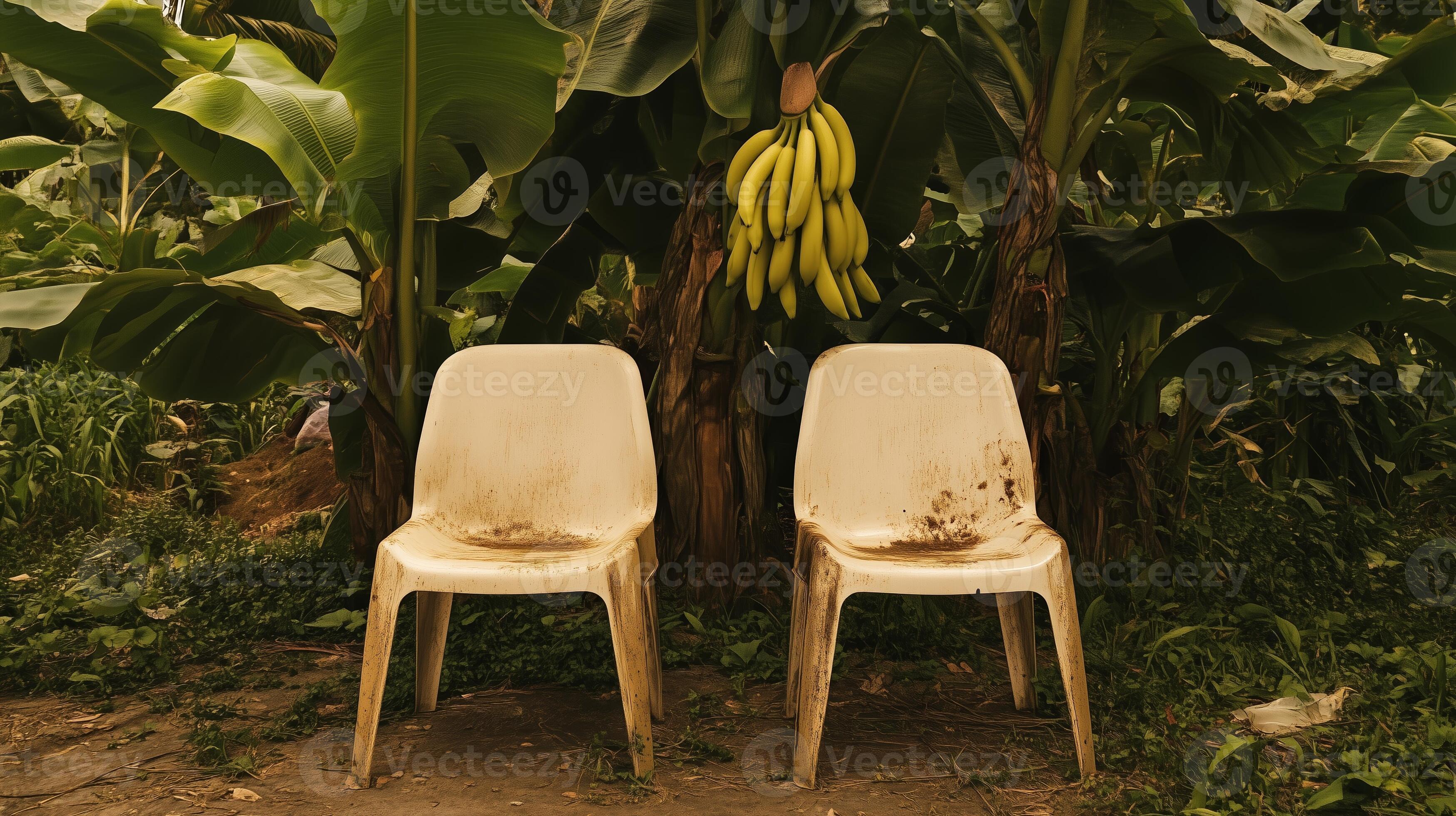 Two slightly worn white plastic chairs surround by a lush tropical setting with dense banana ...