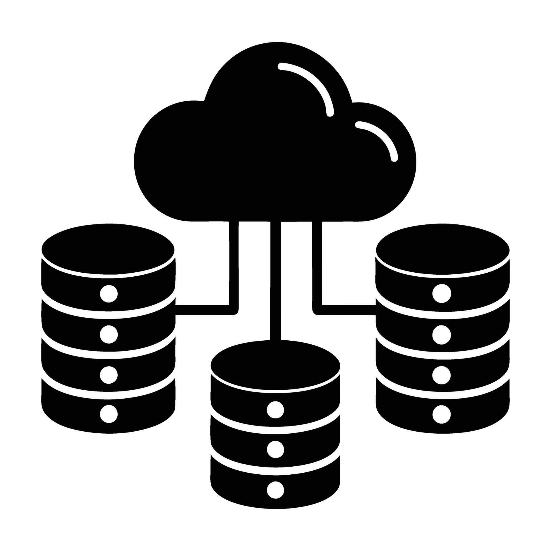 Cloud based database management system silhouette isolated on white ...
