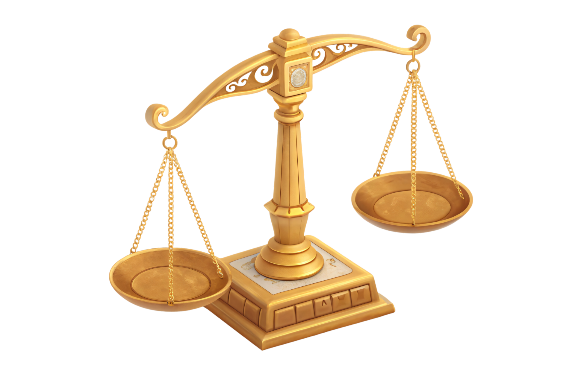 A gold balance scale with intricate decorative carvings and ornate chains. Its base is square ...