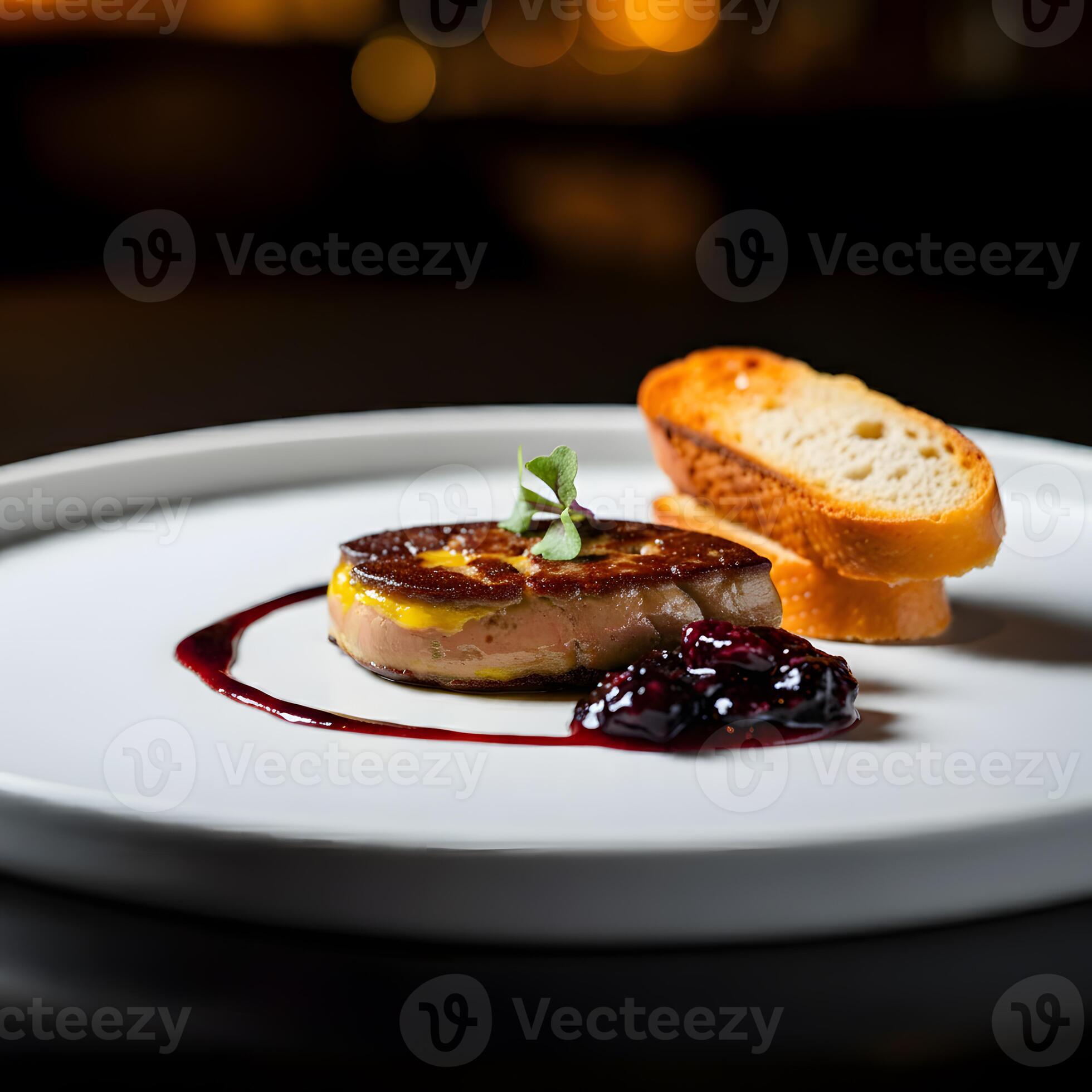 Luxury foie gras dish with caramelized figs toasted brioche berry sauce fine dining black ...