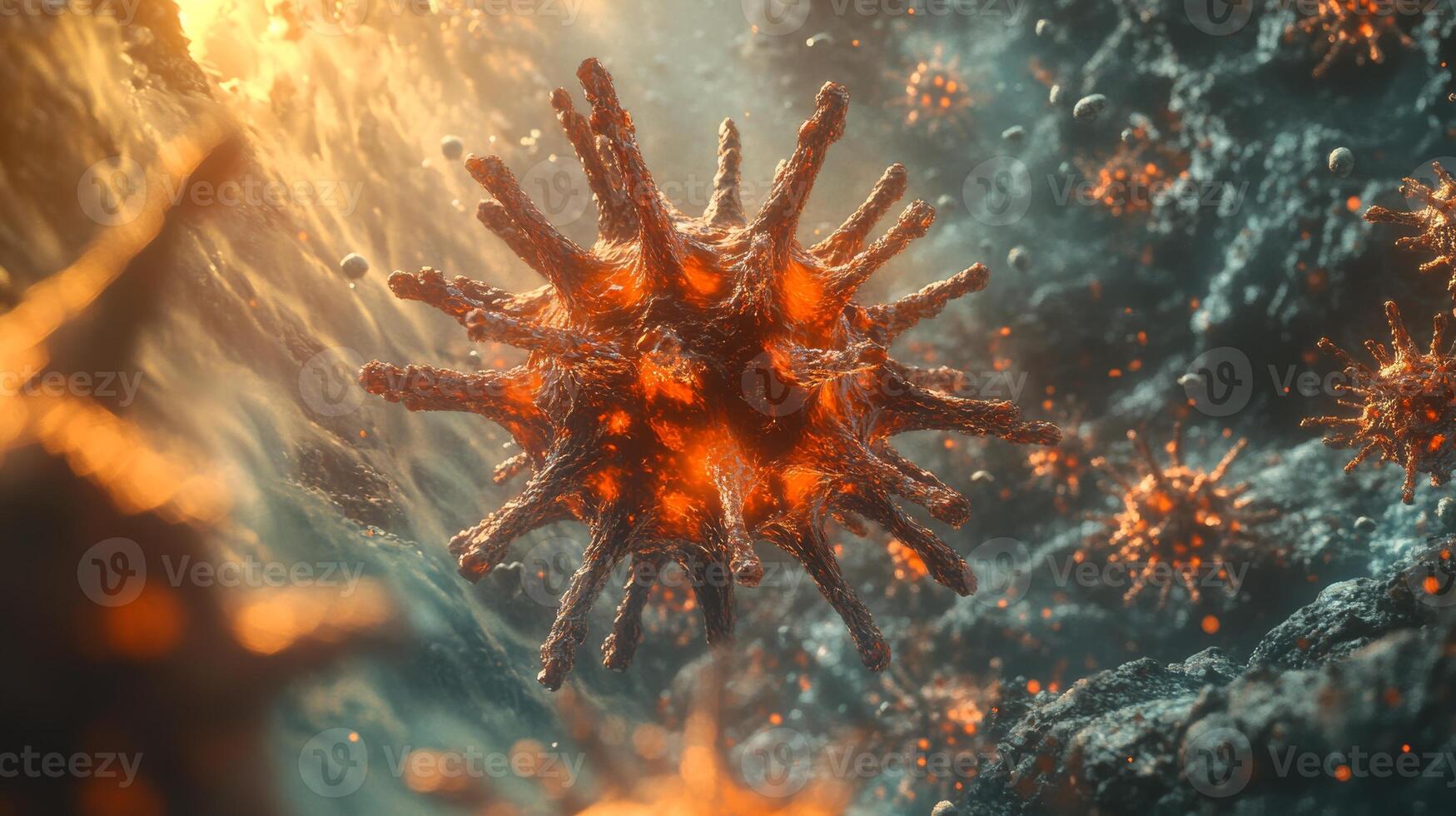 Close-up view of spiky virus particles in a microscopic environment 57586813 Stock Photo at Vecteezy