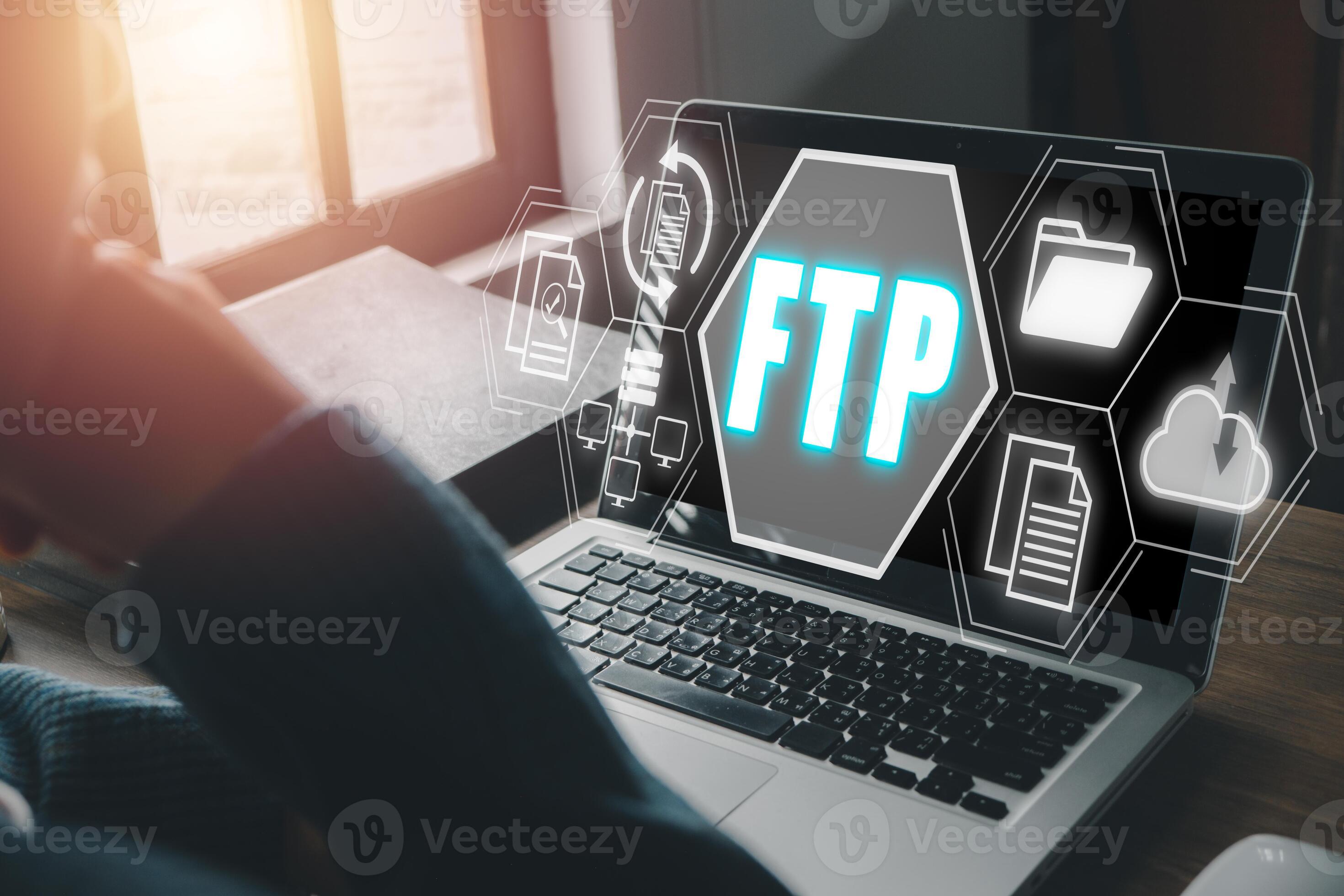 Ftp File Transfer Protocol Person Using Laptop Computer On Desk With