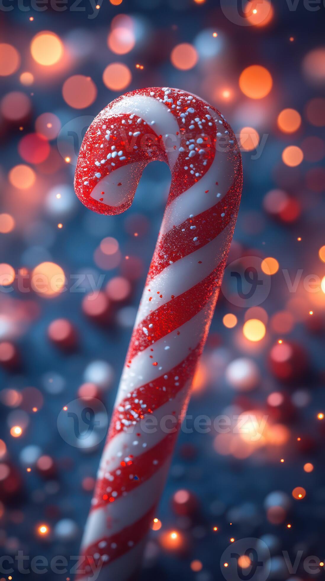 Colorful candy cane surrounded by festive bokeh lights in a holiday ...