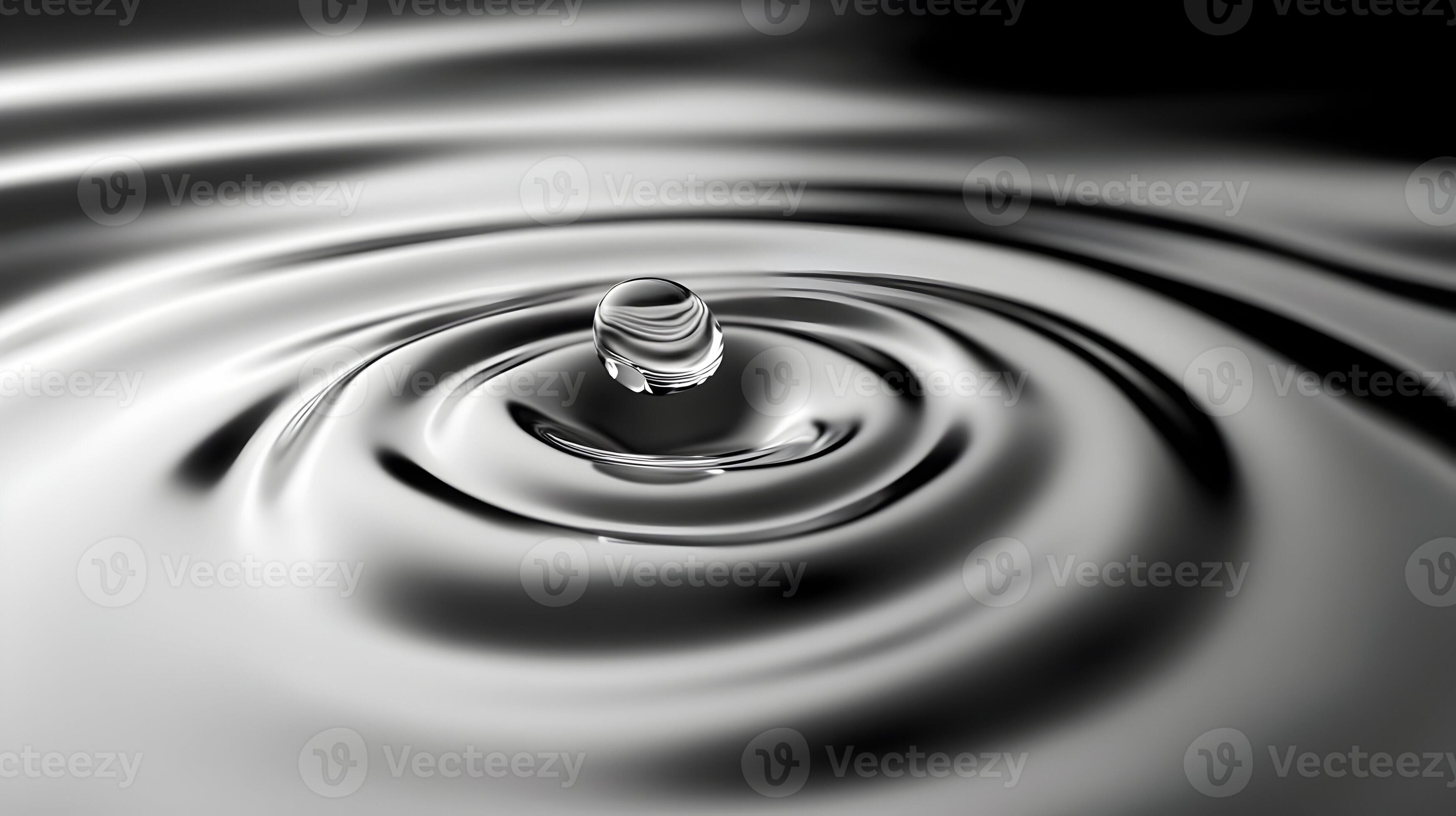 Rippling liquid surface with a floating sphere creating smooth wave patterns monochrome effect ...