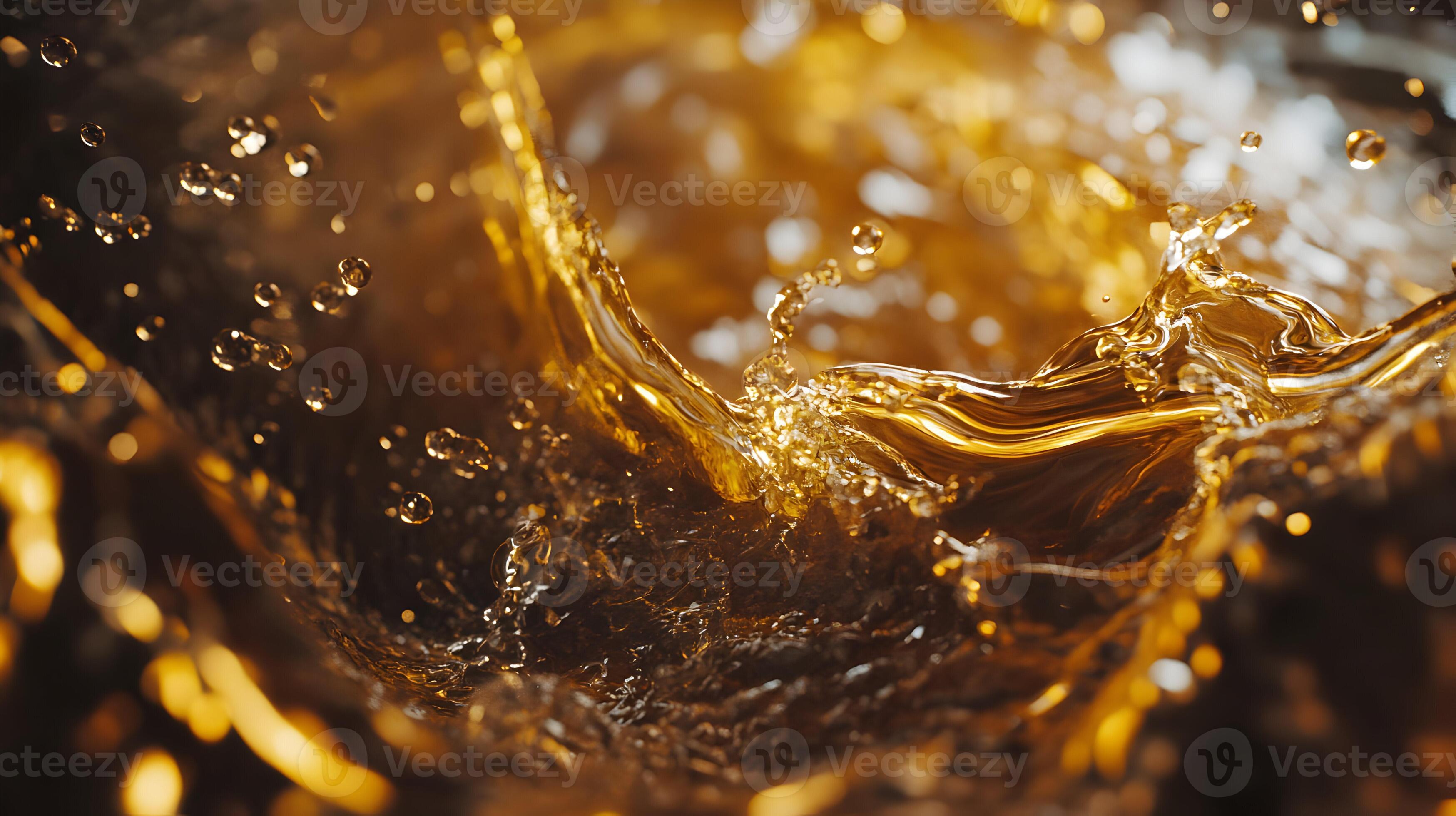 Fluid dynamics captured Golden liquid in dynamic splash, creating abstract textures and ...
