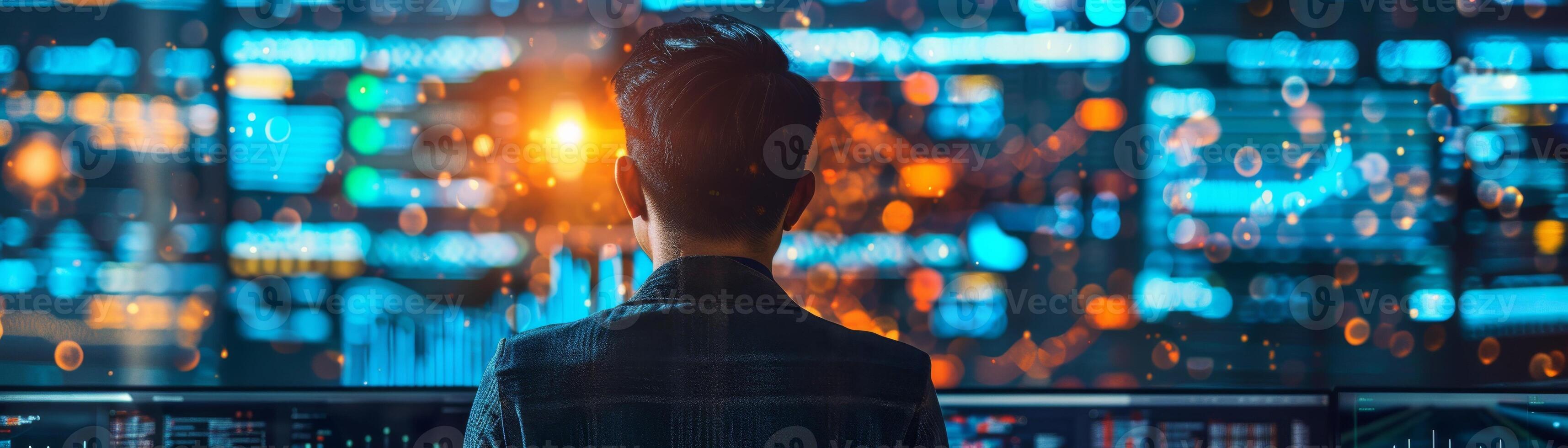 Data analyst engineer monitoring screen system software technology control center person back ...