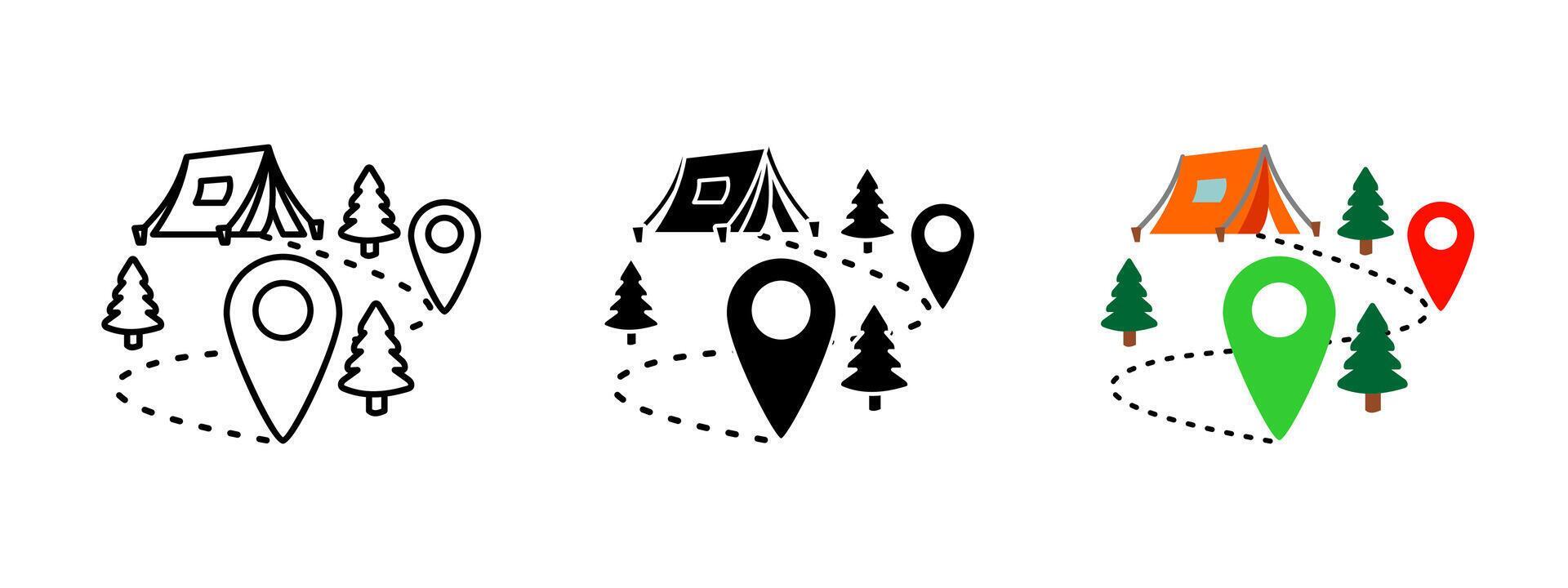 Camping map route icon. Navigation path with location markers leading ...