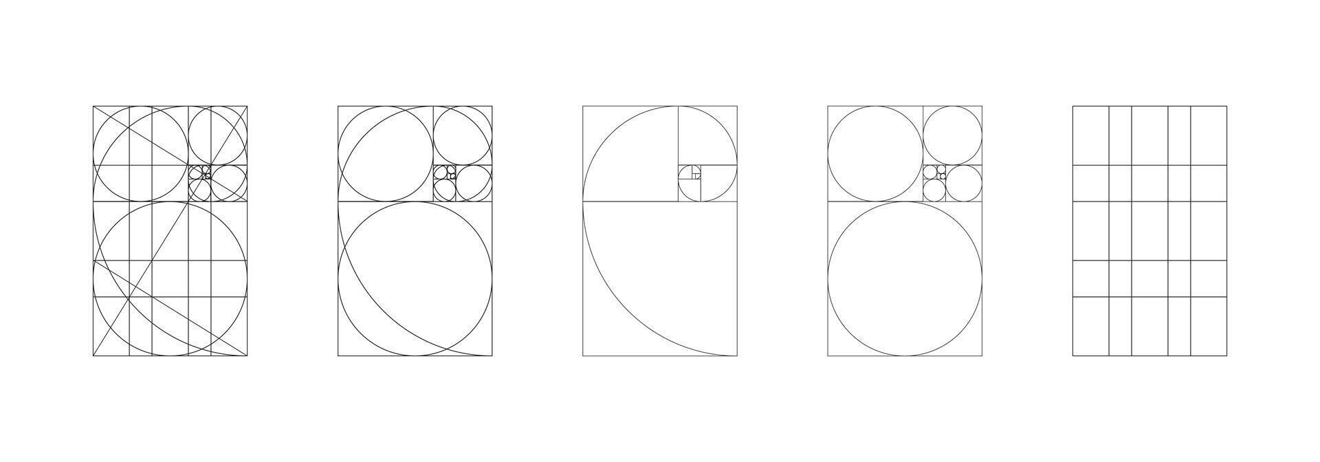 Golden ratio templates. Method golden sections. Fibonacci shapes, array ...
