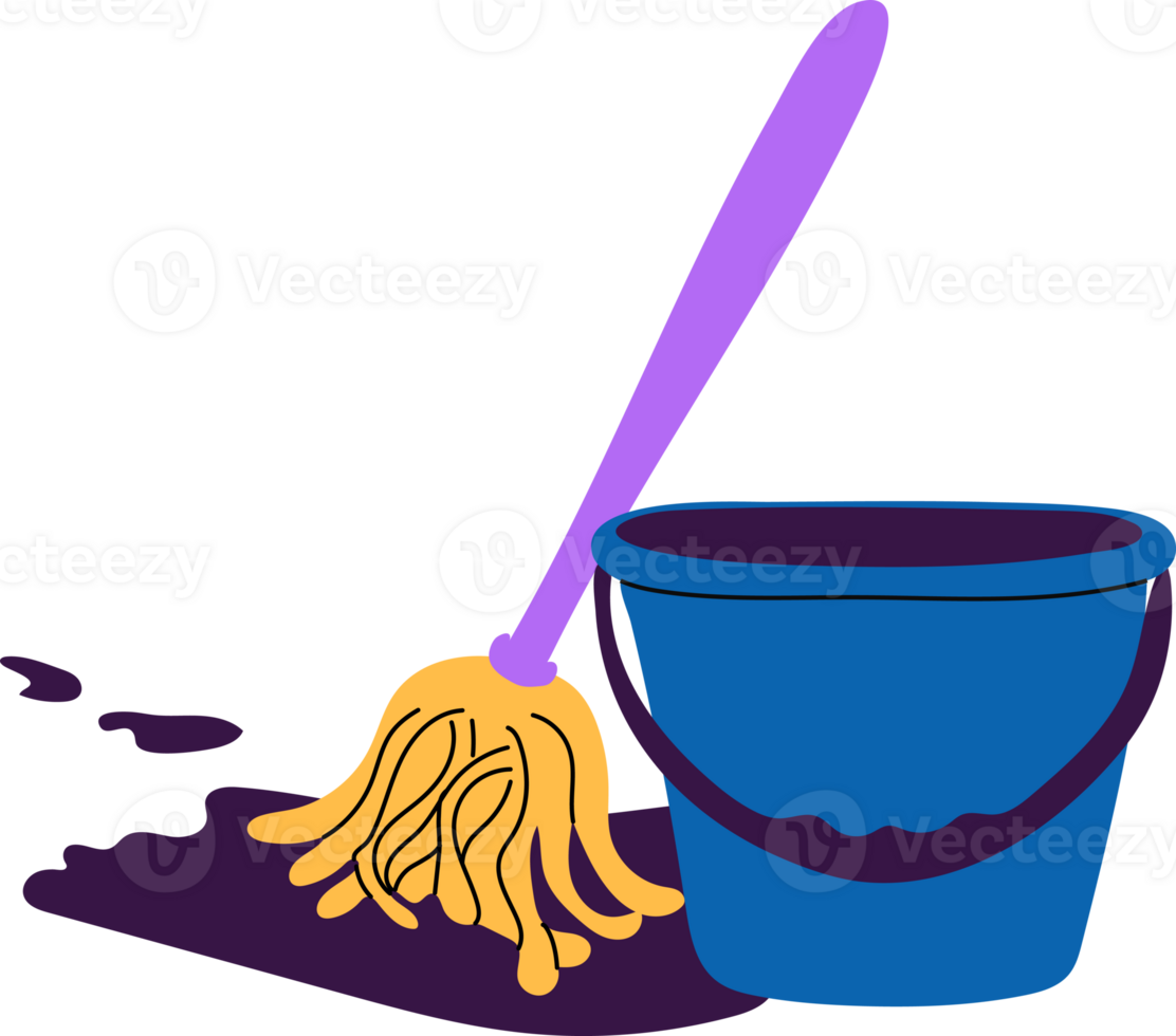 A blue bucket with a broom and mop, ready for cleaning and household ...