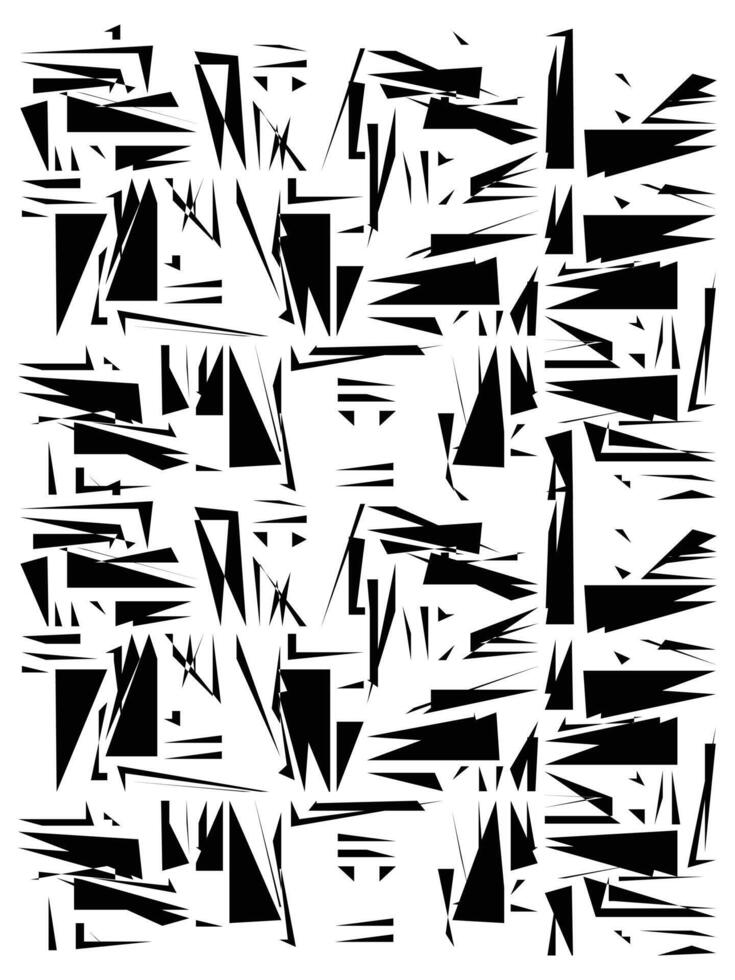 Abstract black geometric shapes arranged chaotically on a white ...