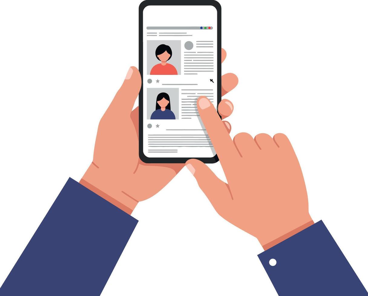 Hands holding a smartphone displaying user profiles in a flat illustration 57648766 Vector Art ...