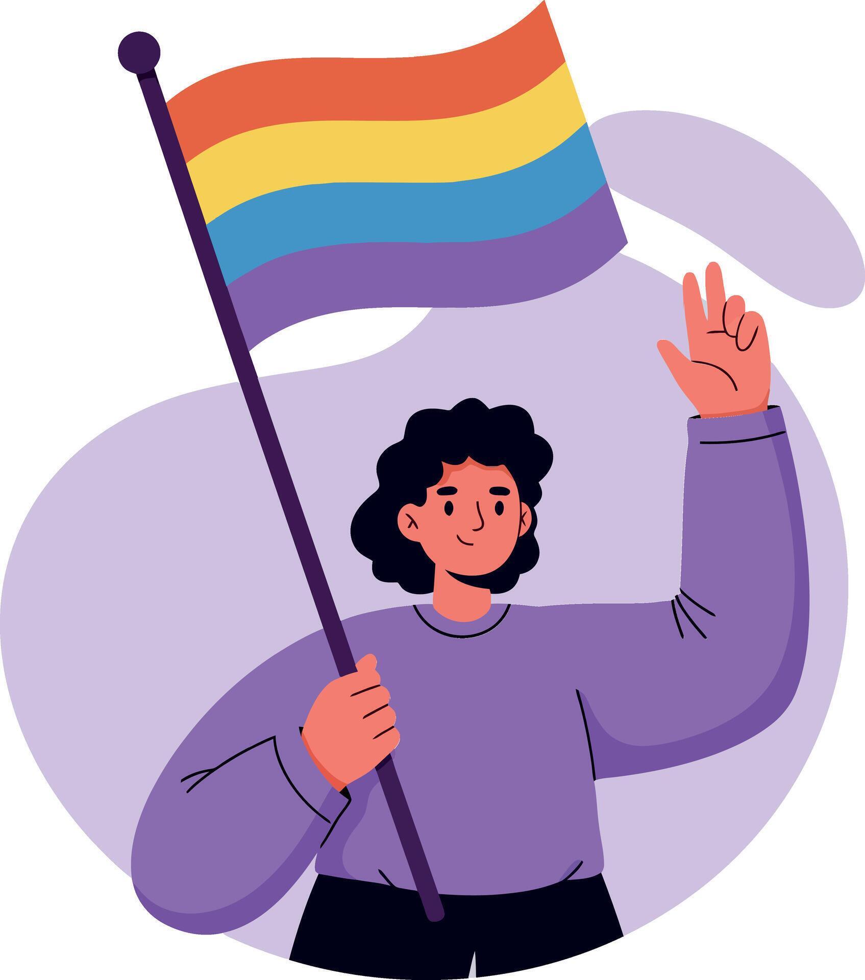 A person joyfully holding a rainbow flag in a minimalistic style ...