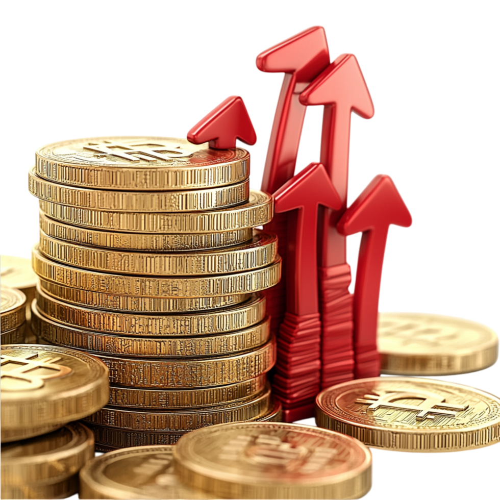 Growing stack of golden coins upward financial arrows 57667726 PNG