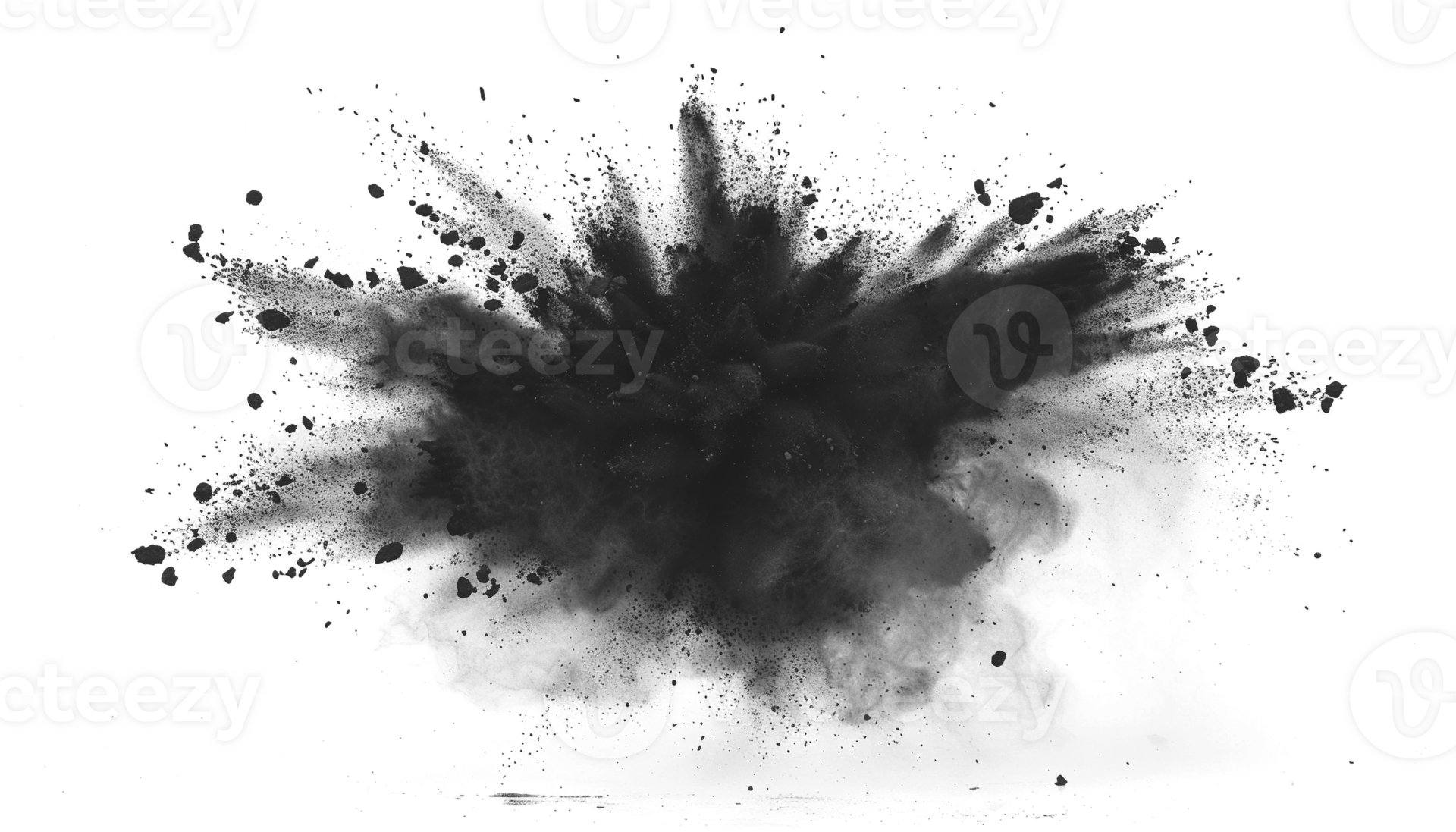 Dark gray black dust powder explosion transparent , isolated background. Dynamic blast eruption ...