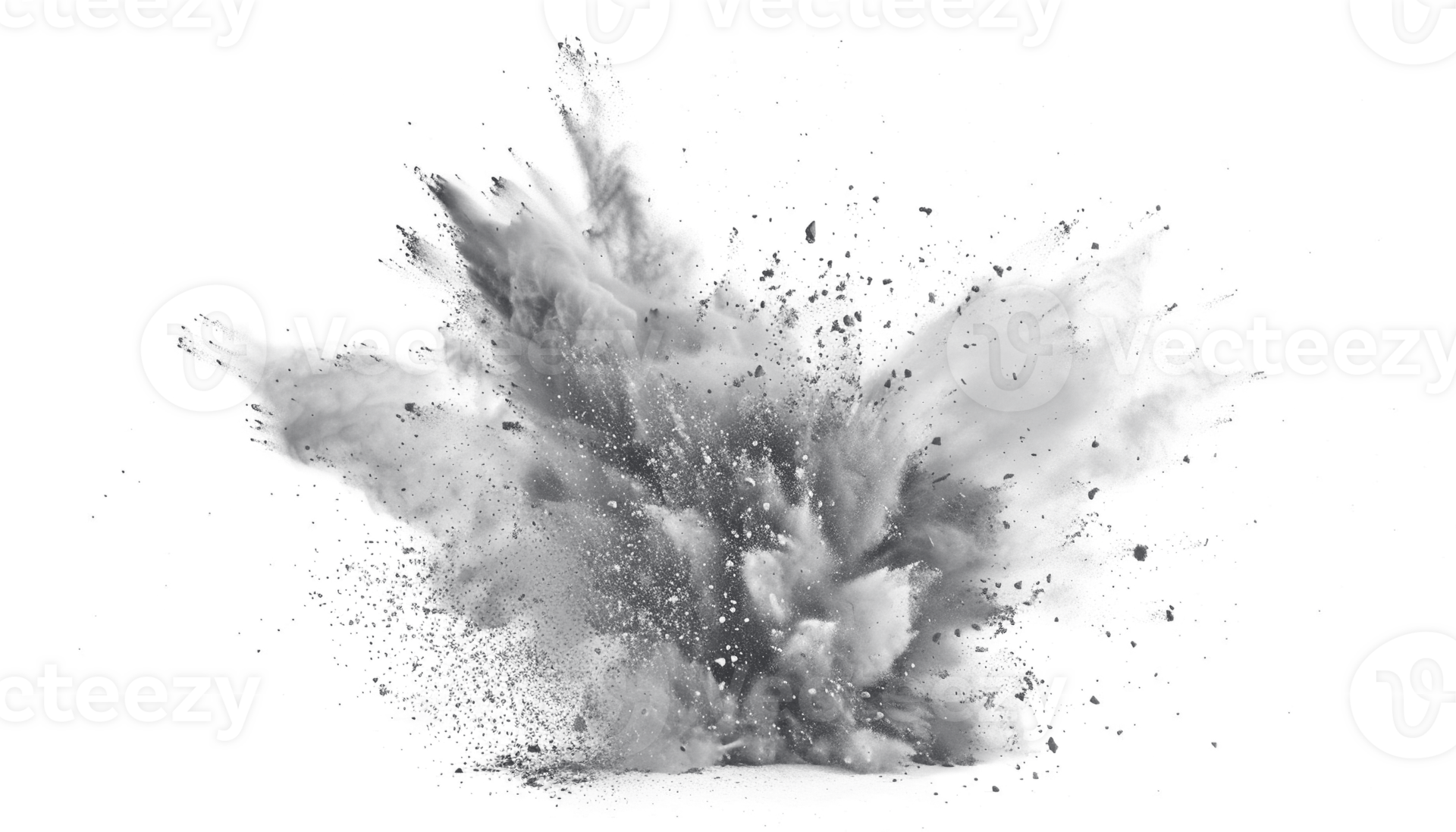 Light gray dust powder explosion transparent , isolated background. Dynamic blast effect ...