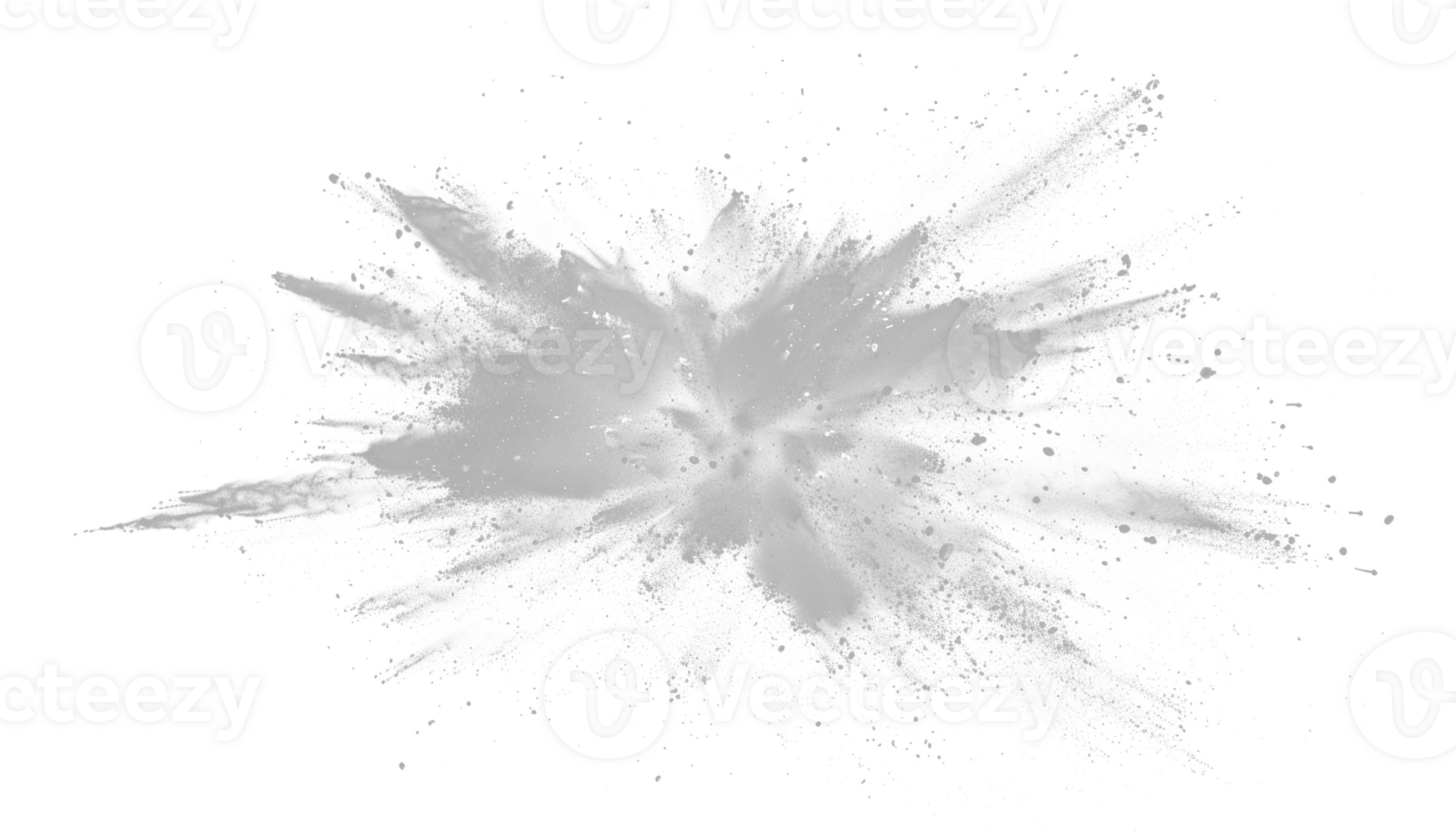 White gray dust powder explosion transparent , isolated background. Dynamic eruption, monochrome ...