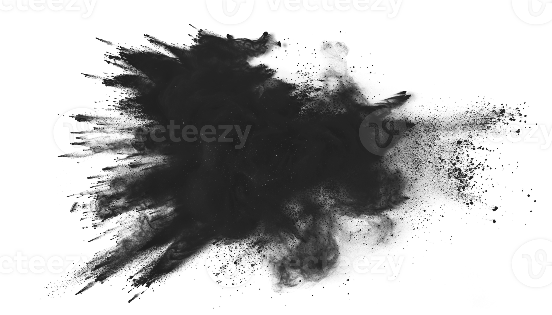 Dark gray black dust powder explosion transparent , isolated background. Dynamic blast eruption ...