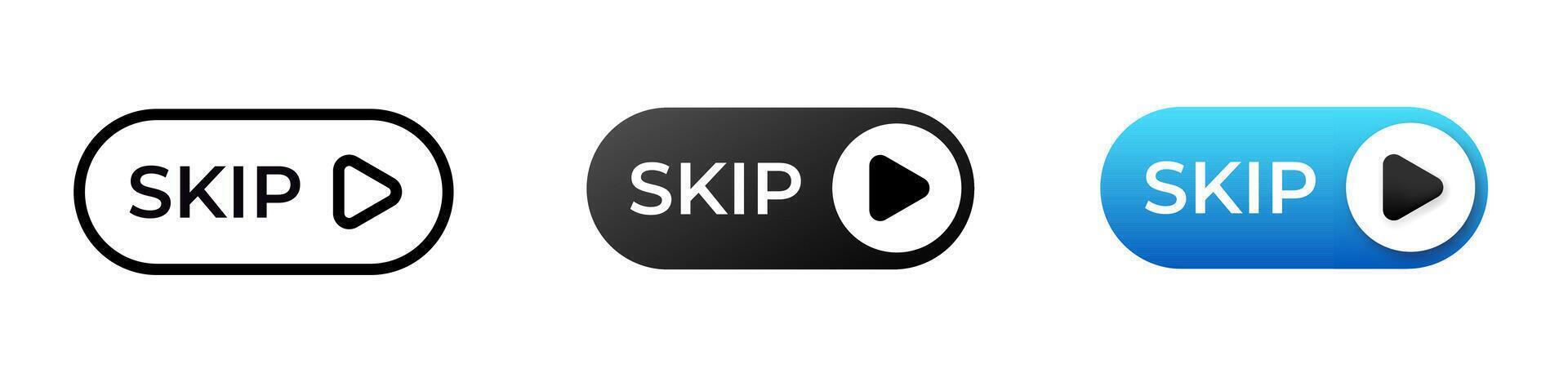 Set of three skip buttons in different styles and colors with arrow icon for various ...