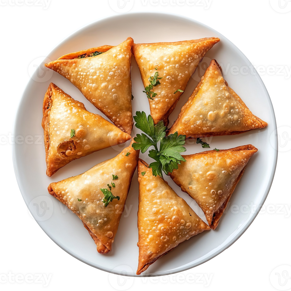 Crispy Samosas with Savory Filling on a White Plate isolated on ...