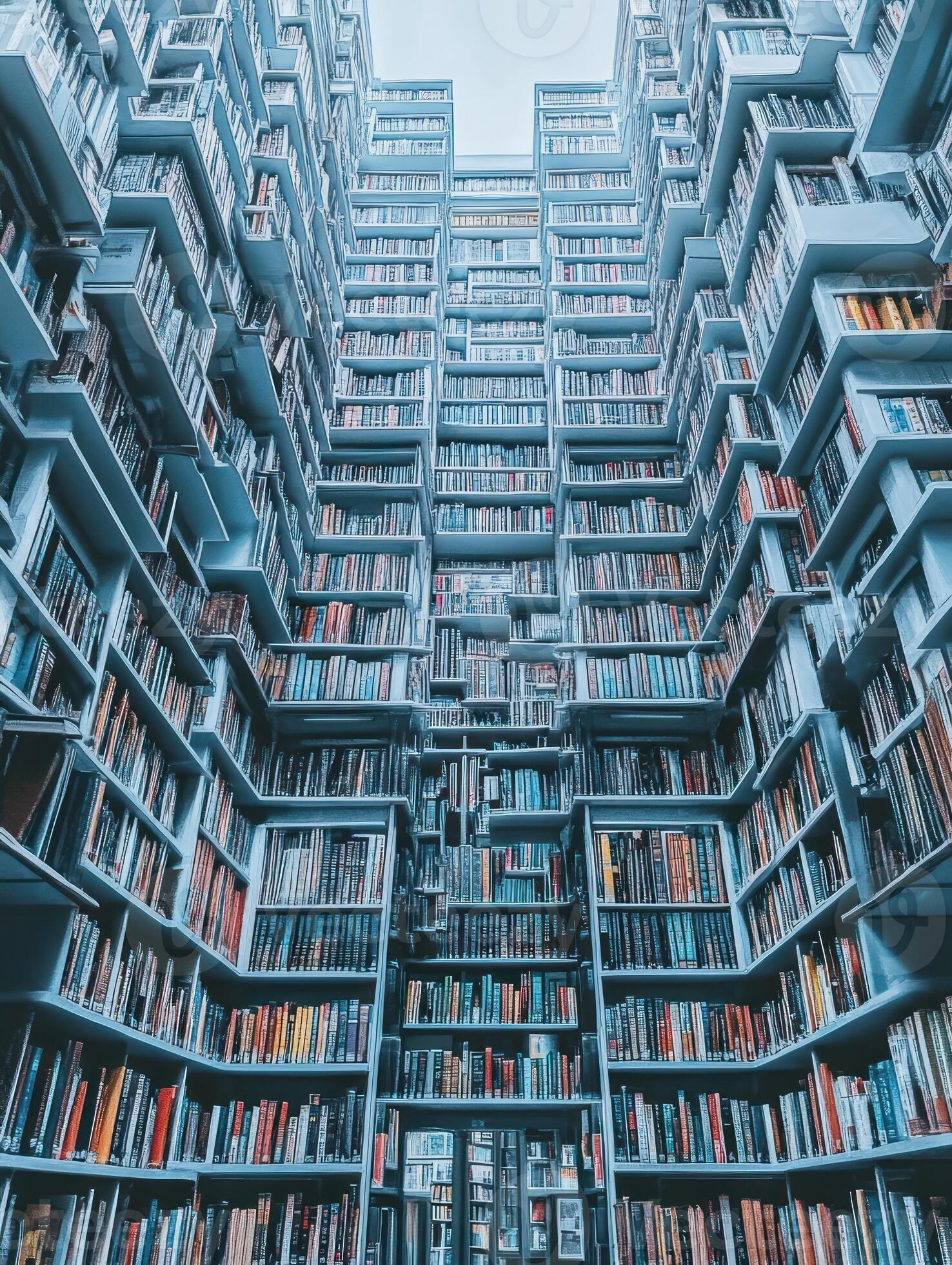 Expansive library interior with towering bookshelves for architectural inspiration and learning ...