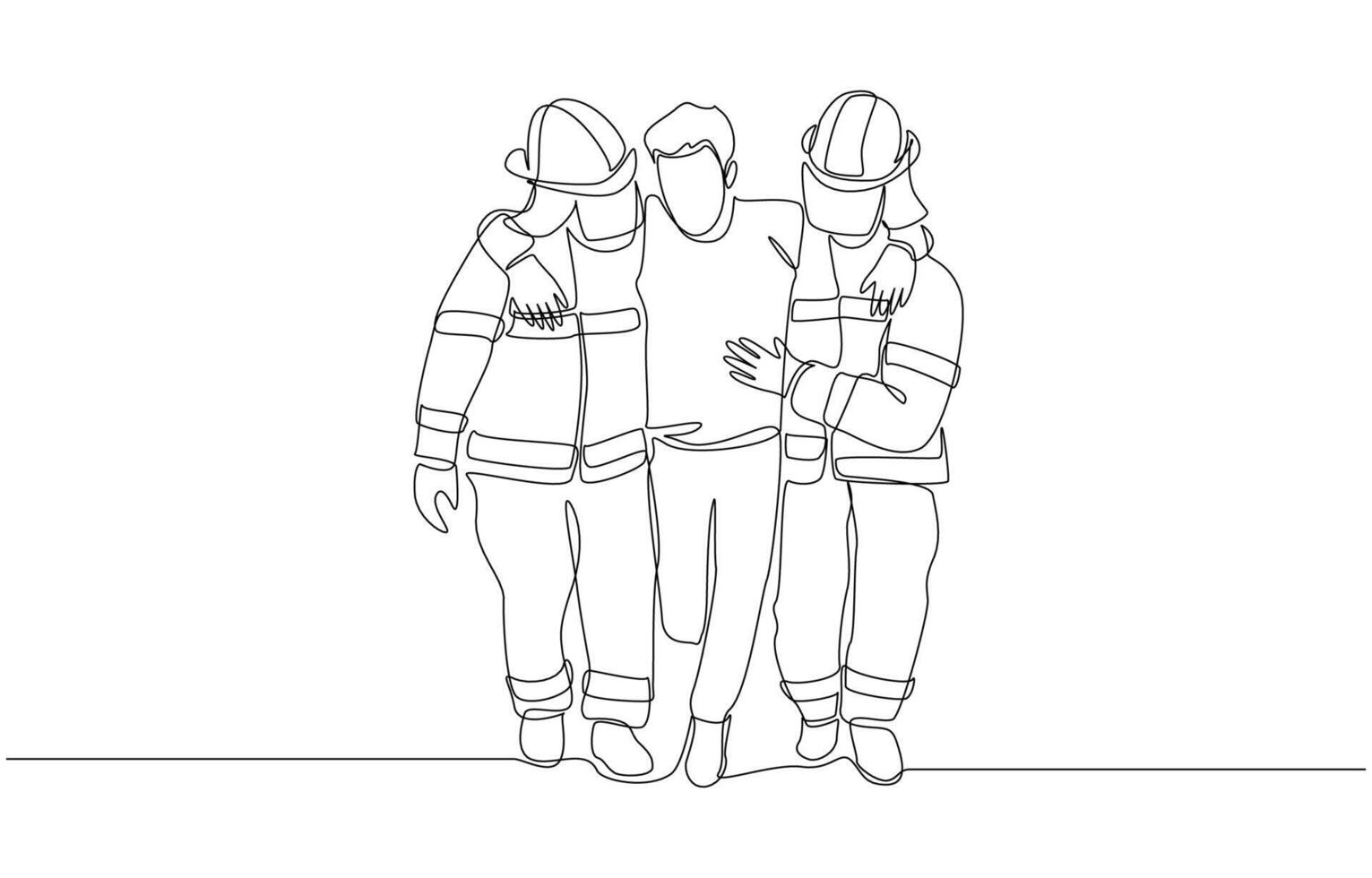Continuous one line drawing of two firefighters helping fire victim ...