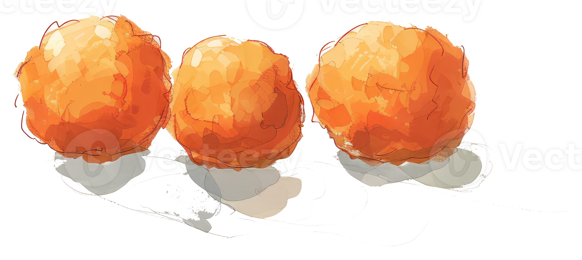 Three Spherical Orange Objects With Layered Watercolor Textured