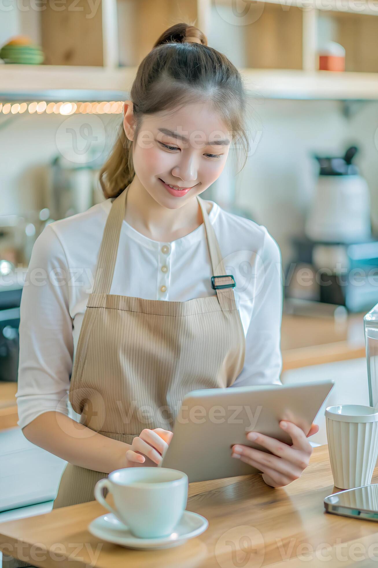 Teenage girl working part-time in a coffee shop, wearing an apron and taking orders- scene01 ...
