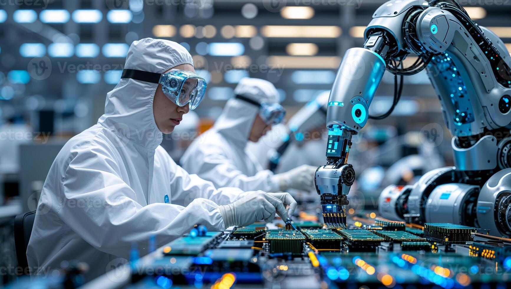 Advanced robotics performs assembly tasks in high-tech manufacturing facility under bright ...