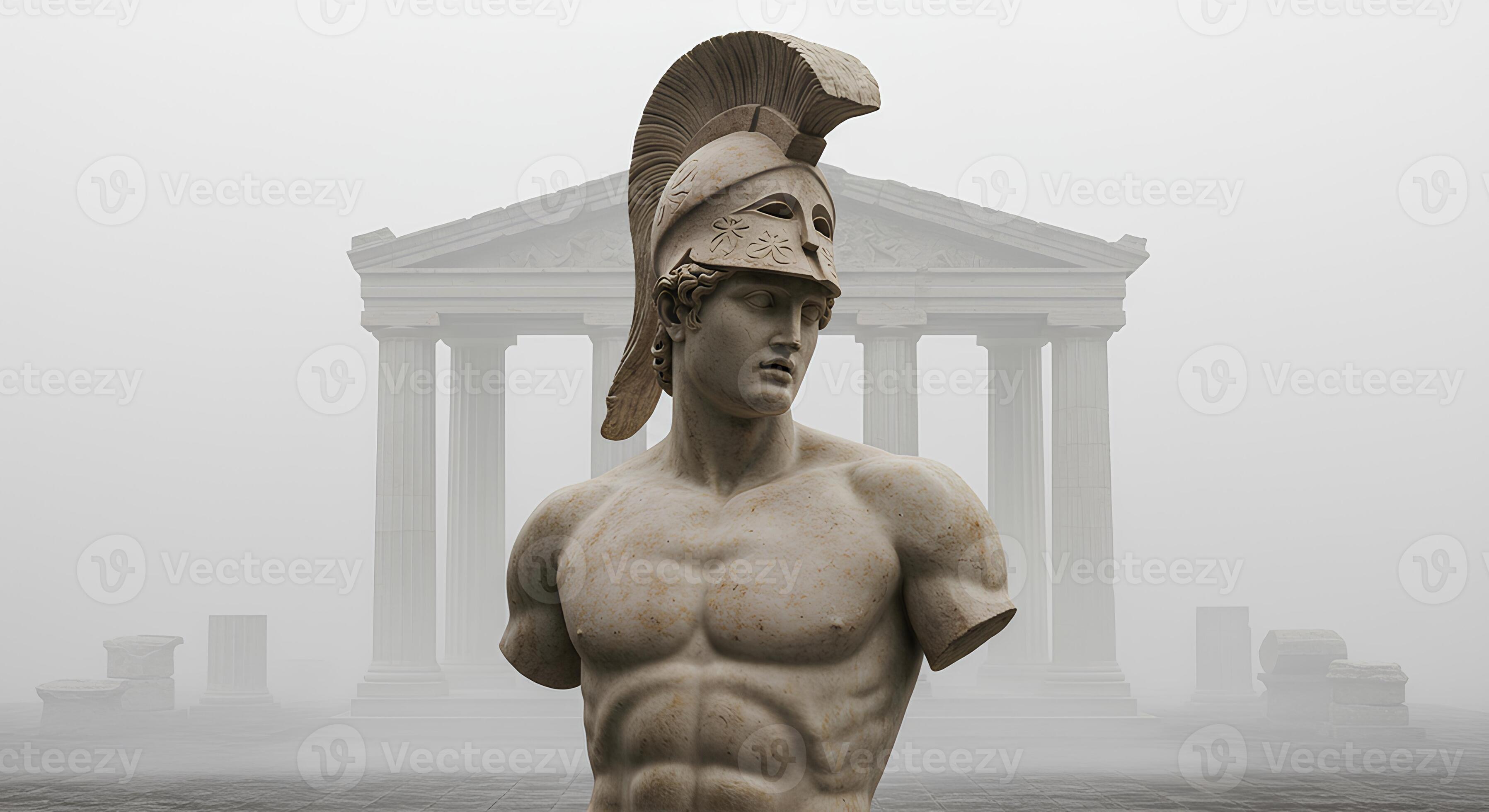 Ancient Greek statue of a spartan general surrounded by historic roman architecture for ...