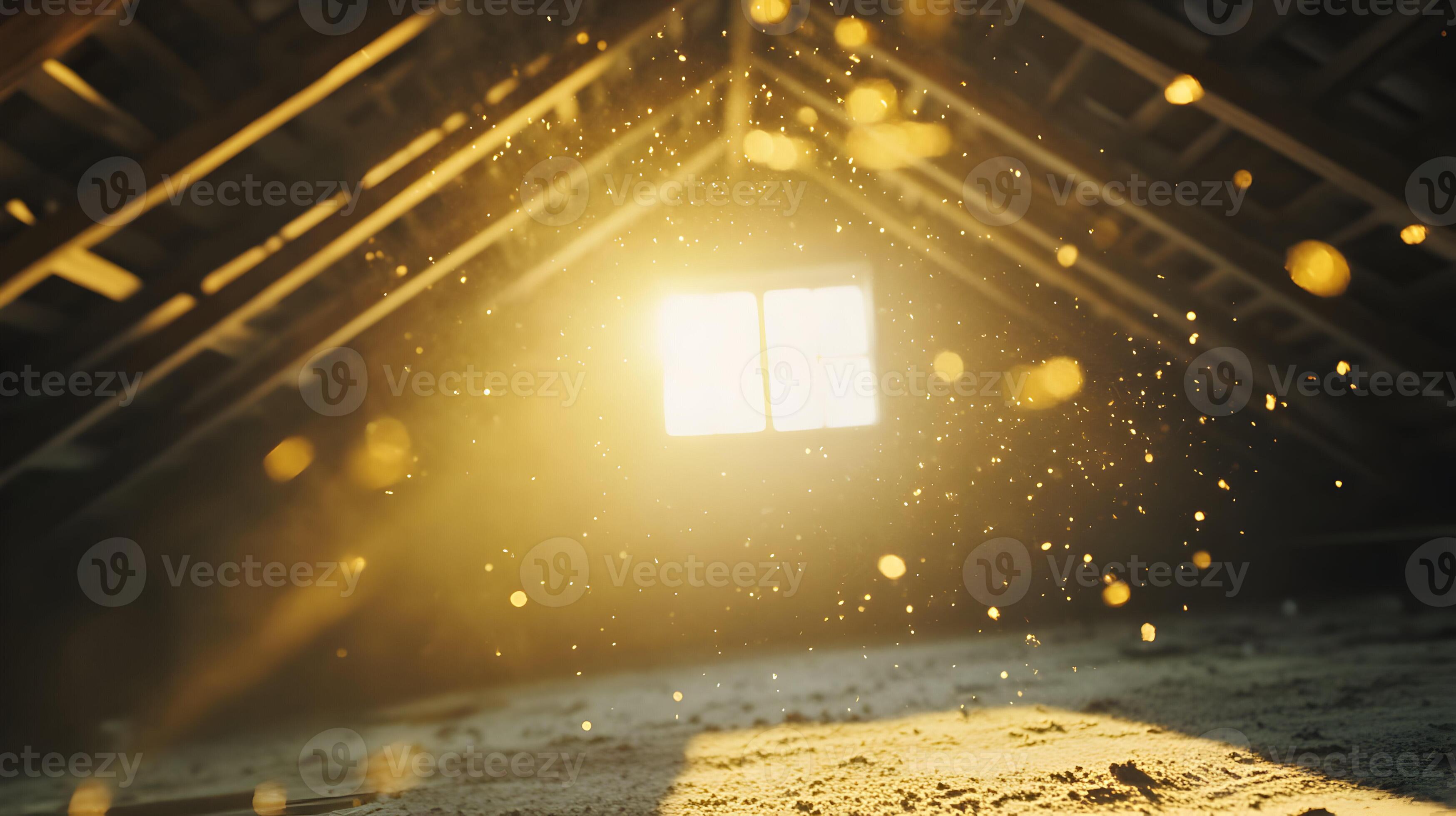 Shimmering light streams through attic window, illuminating dust particles, golden aesthetic ...