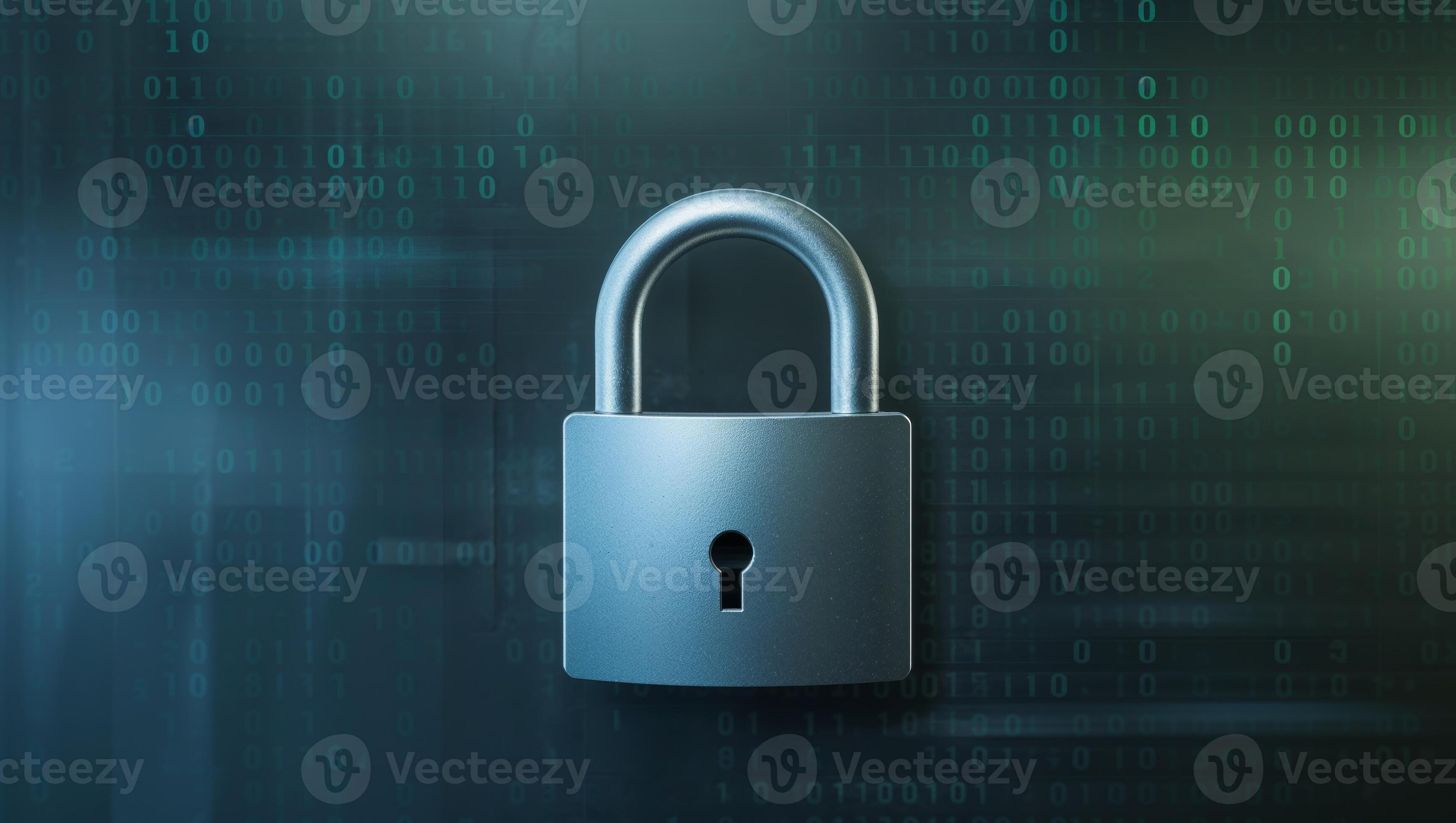 Digital Security Lock Symbol Overlaying Binary Code Background