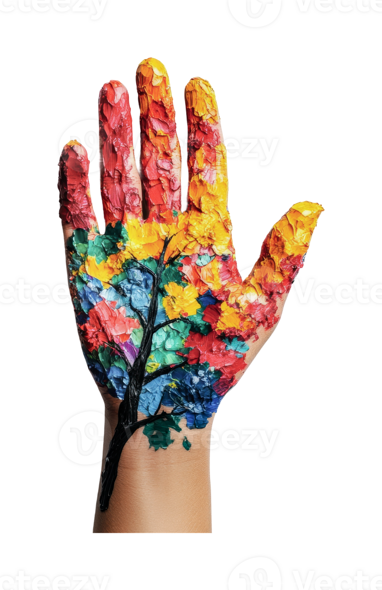 Colorful painted hand with tree design and bright leaves 57902777 PNG
