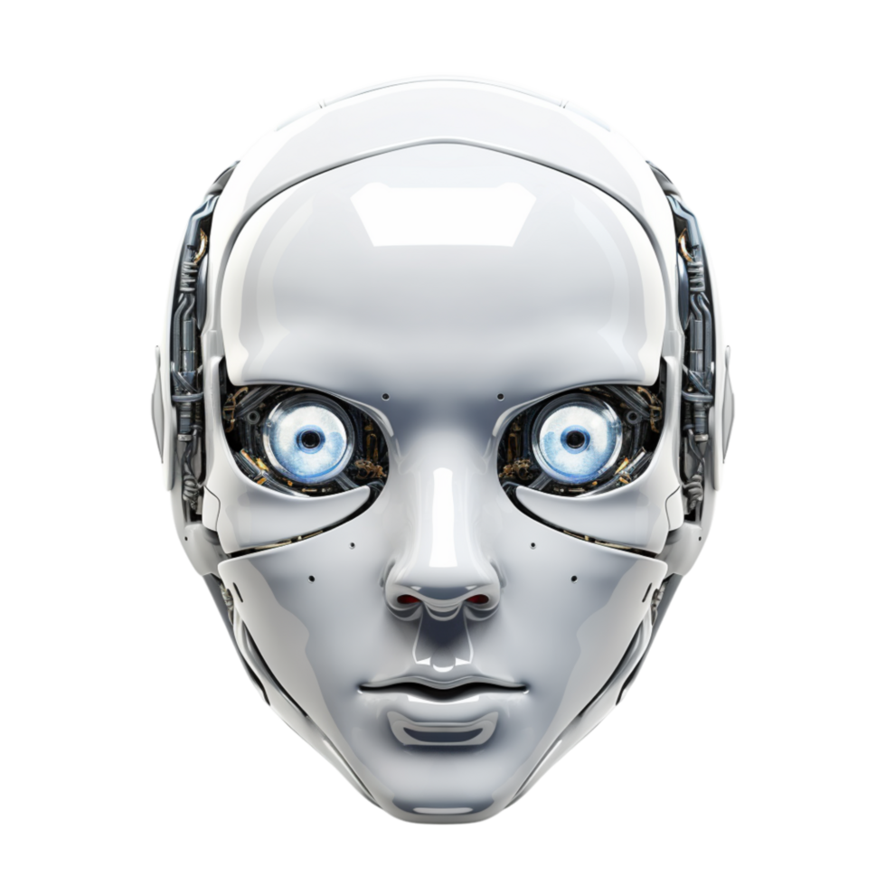 Futuristic humanoid robot face glowing blue eyes metal plating 57905569 PNG