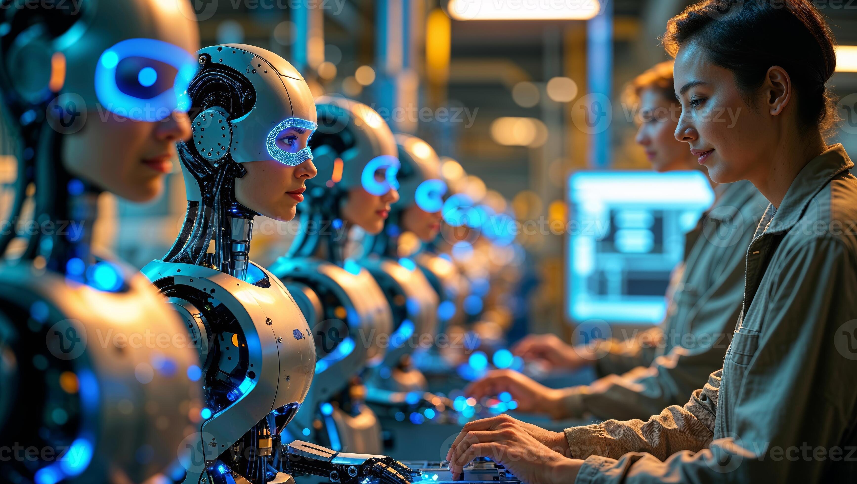 Engineers collaborate with humanoid robots in a high-tech laboratory during a workshop on ...