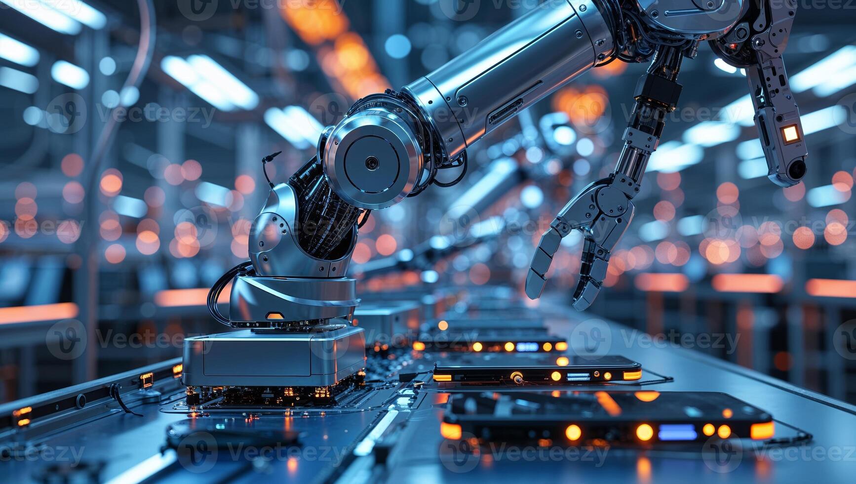 Advanced Robotic Arm Assembling Electronic Devices In A High Tech