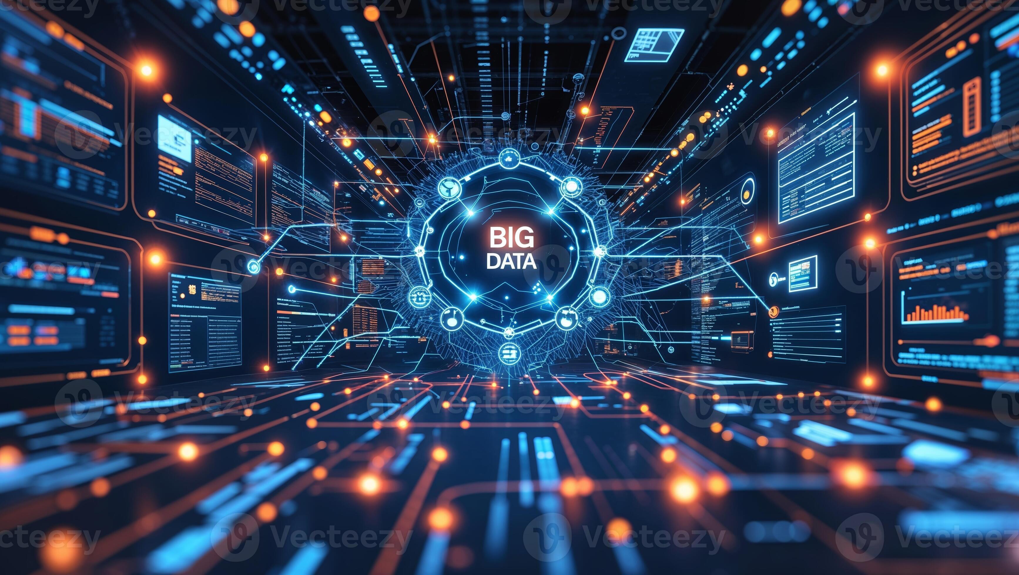 Exploring big data in a futuristic digital environment filled with glowing elements and ...