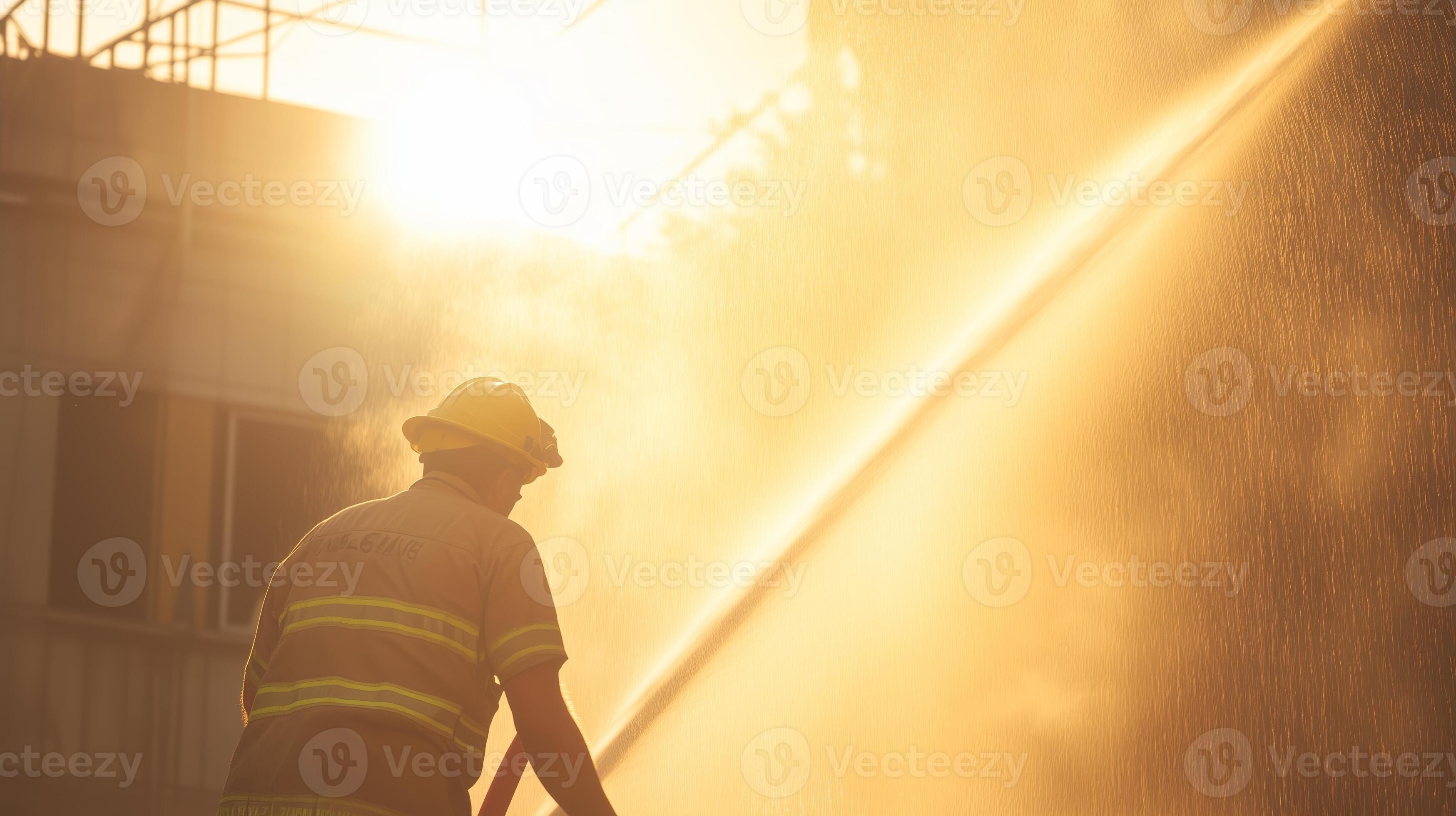 Firefighter battling flames at sunset in an urban environment during a ...