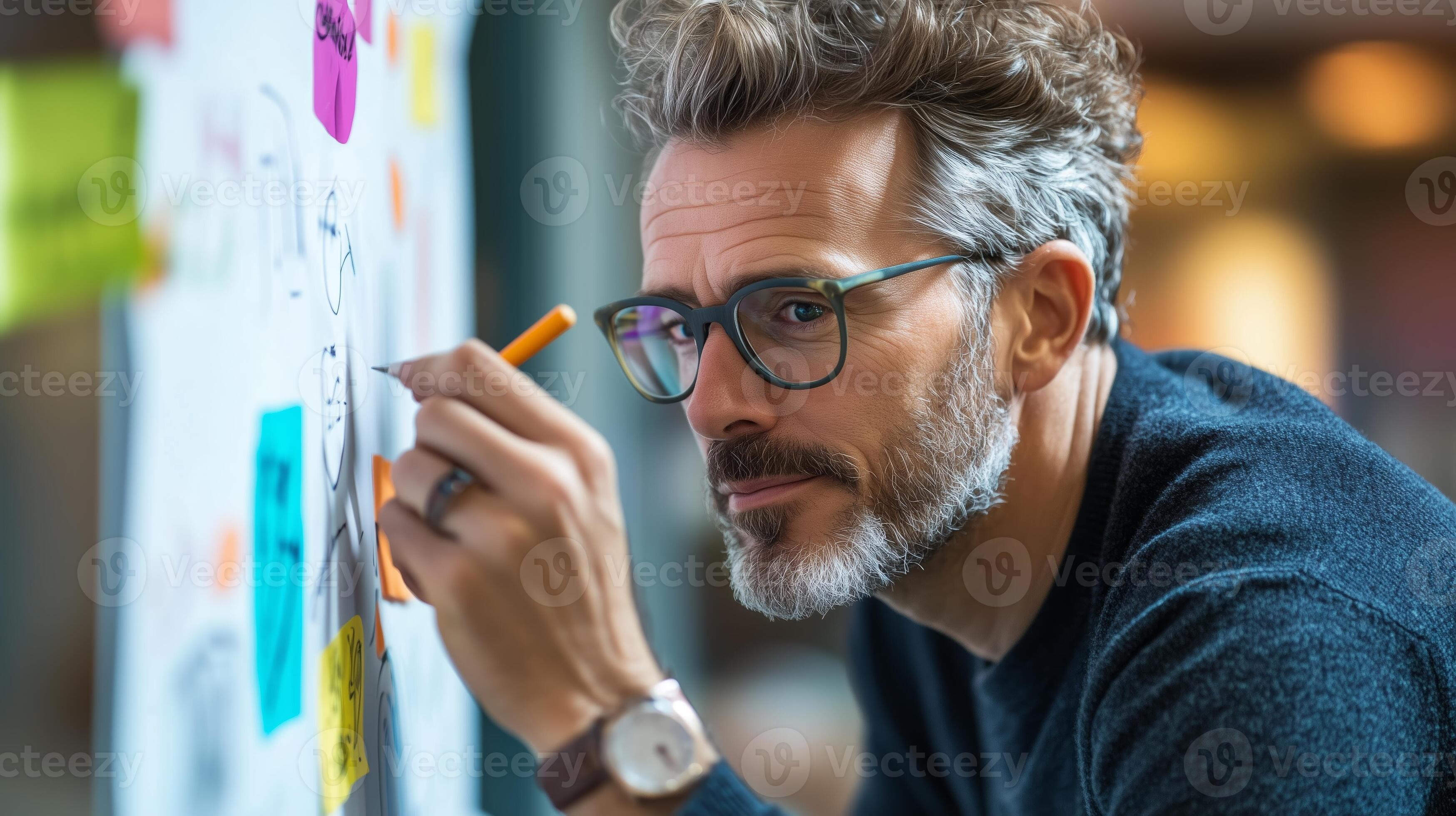 Creative Professional Engaged In Brainstorming Session With Sticky Notes In Modern Workspace